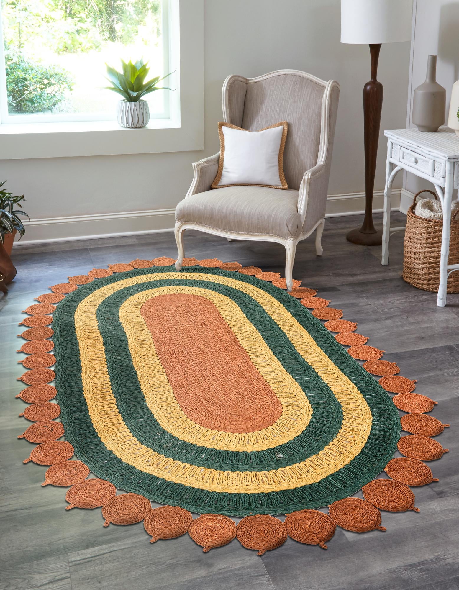 Orange Green Yellow 2' x 3' 1 Hand Braided Jute Oval Rug | Rugs.com