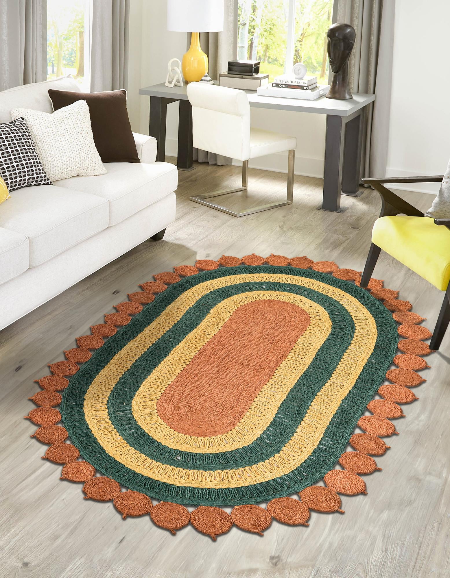 Orange Green Yellow 2' x 3' 1 Hand Braided Jute Oval Rug | Rugs.com