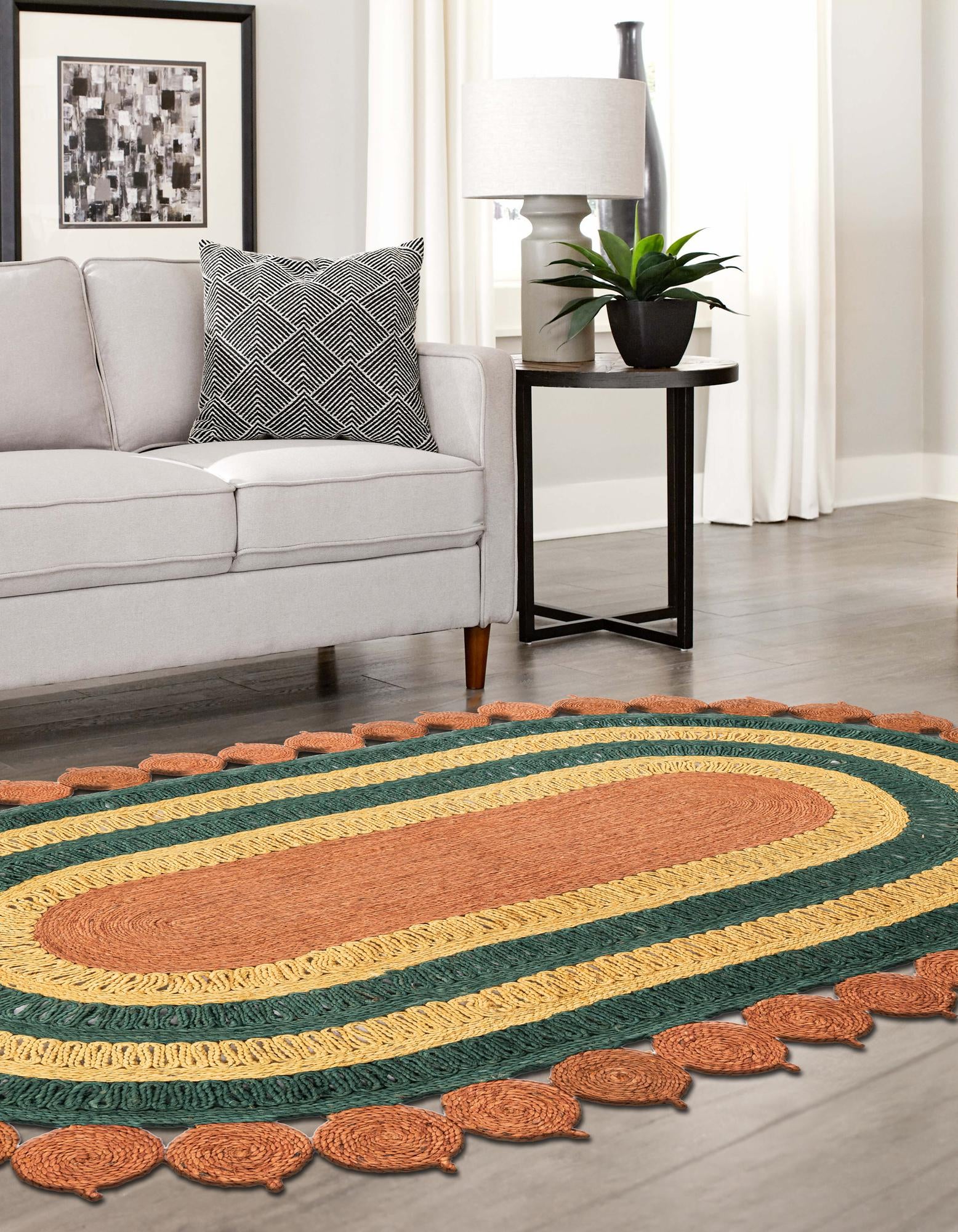Orange Green Yellow 2' x 3' 1 Hand Braided Jute Oval Rug | Rugs.com