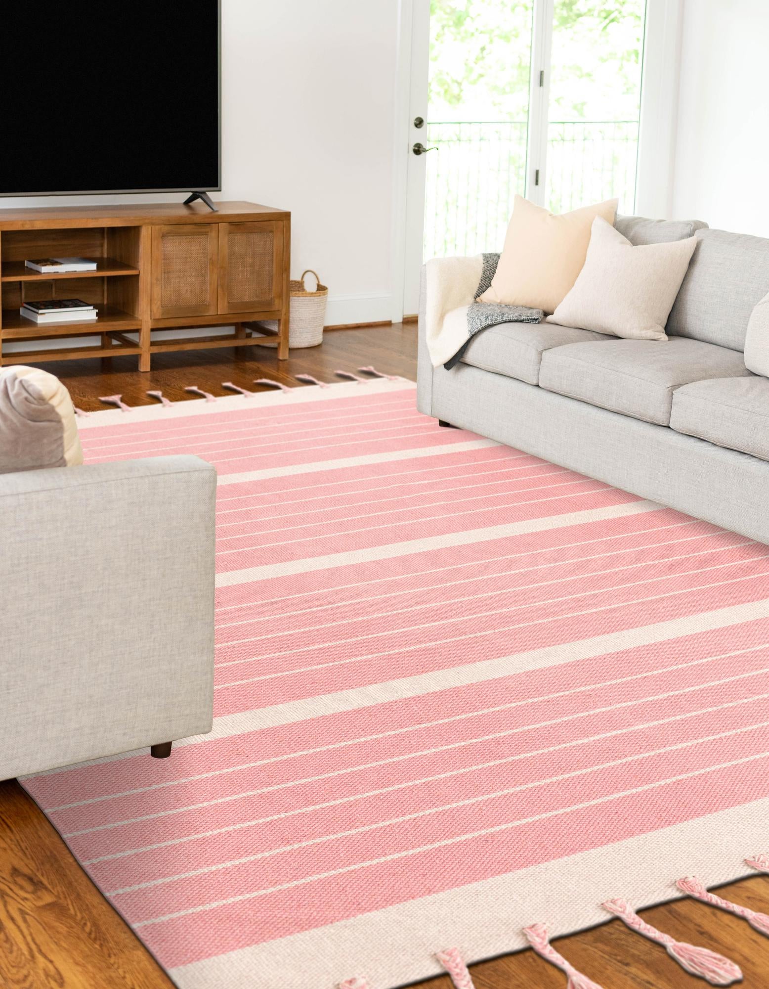 Pink and White 10' x 14' 1 Hand Woven Chindi Cotton Rug | Rugs.com