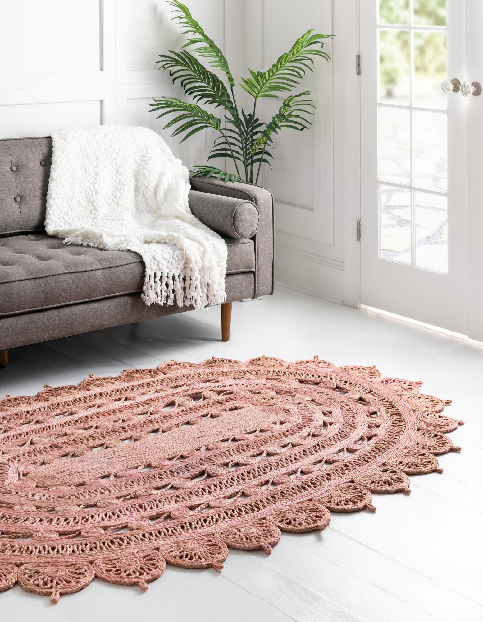 Pink 7' 10 x 10' Hand Braided Jute Oval Rug | Rugs.com