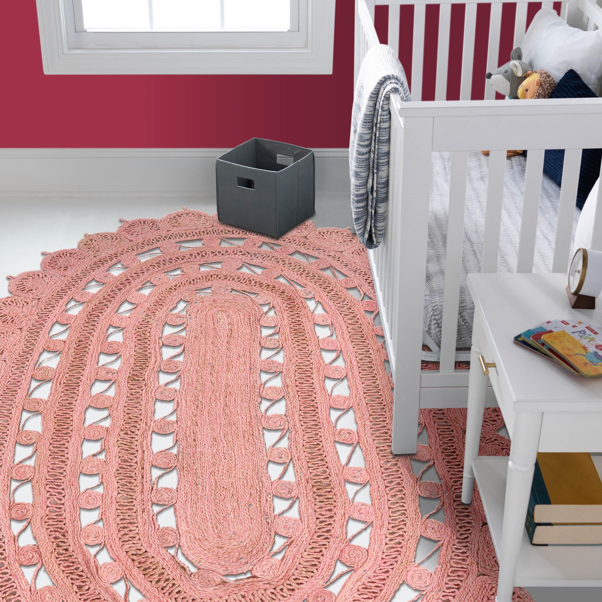 Pink 7' 10 x 10' Hand Braided Jute Oval Rug | Rugs.com