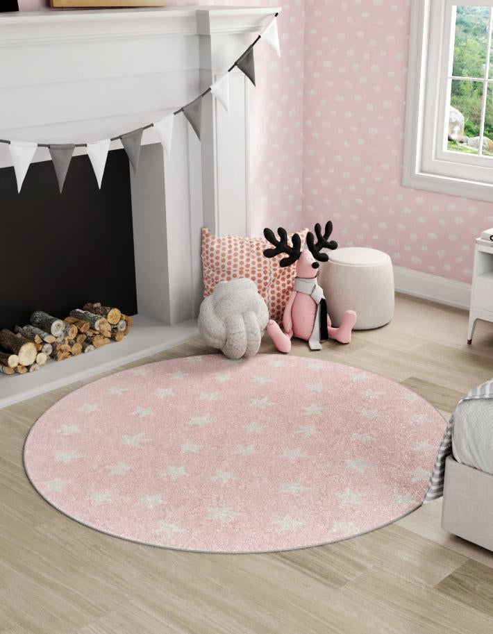 Pink 5' 3 x 5' 3 Stars Whimsy Kids Round Rug | Rugs.com