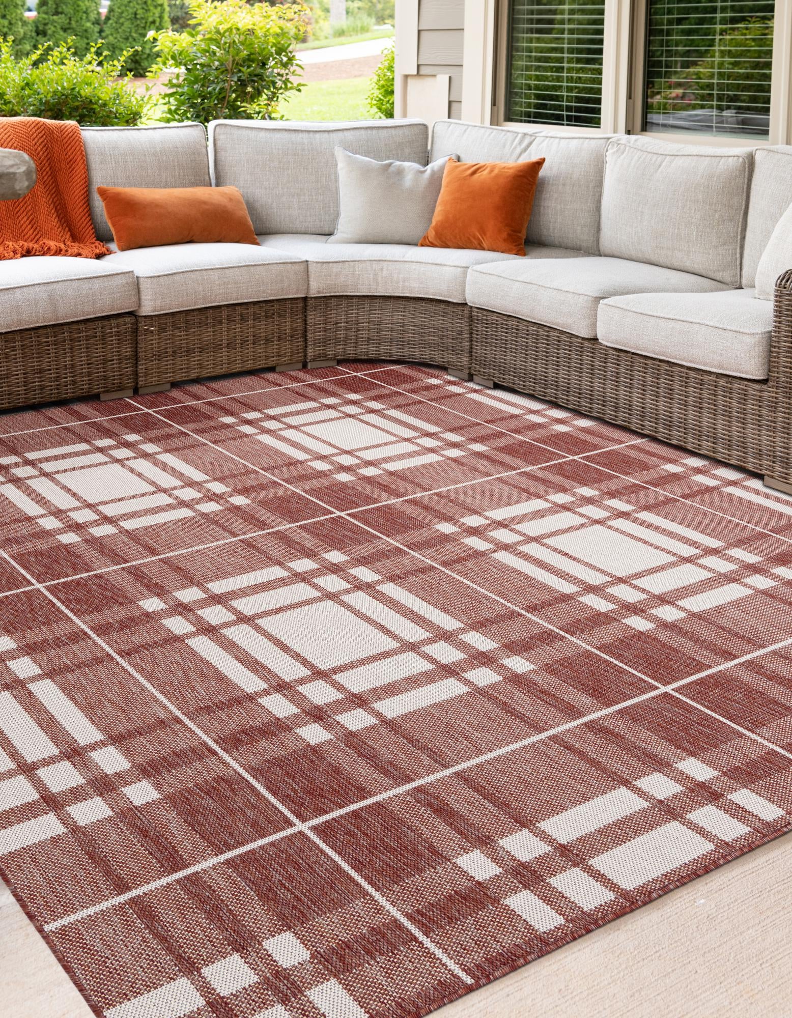 Red 10' x 10' Checkered Indoor / Outdoor Square Rug | Rugs.com