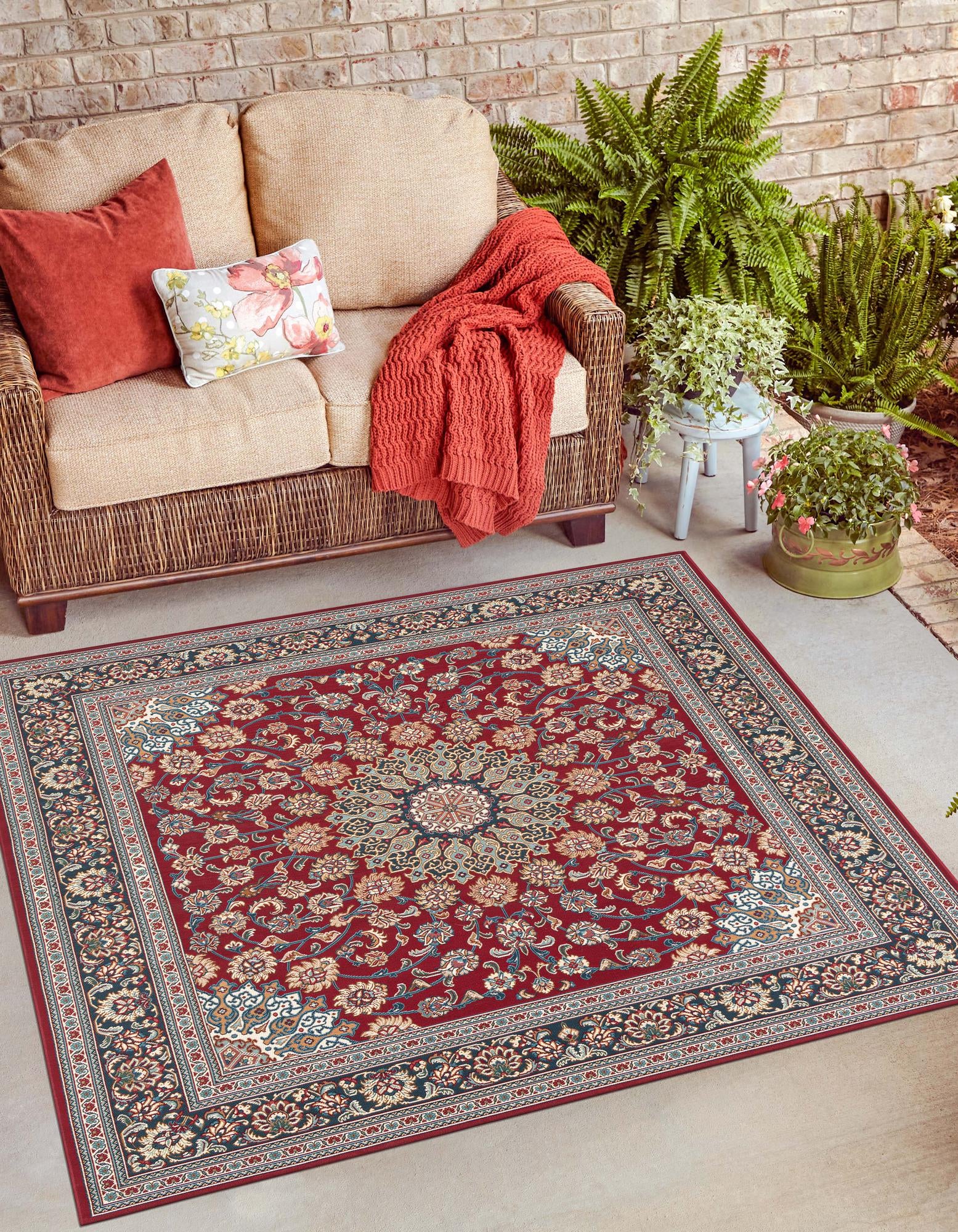 Red 7' 10 x 7' 10 Traditional Indoor / Outdoor Square Rug | Rugs.com