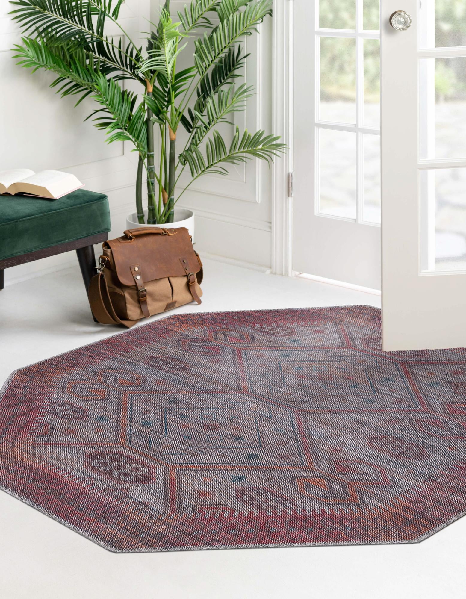Rust red and Beige 5' 3 x 5' 3 Washable Sisu Octagon Rug | Rugs.com