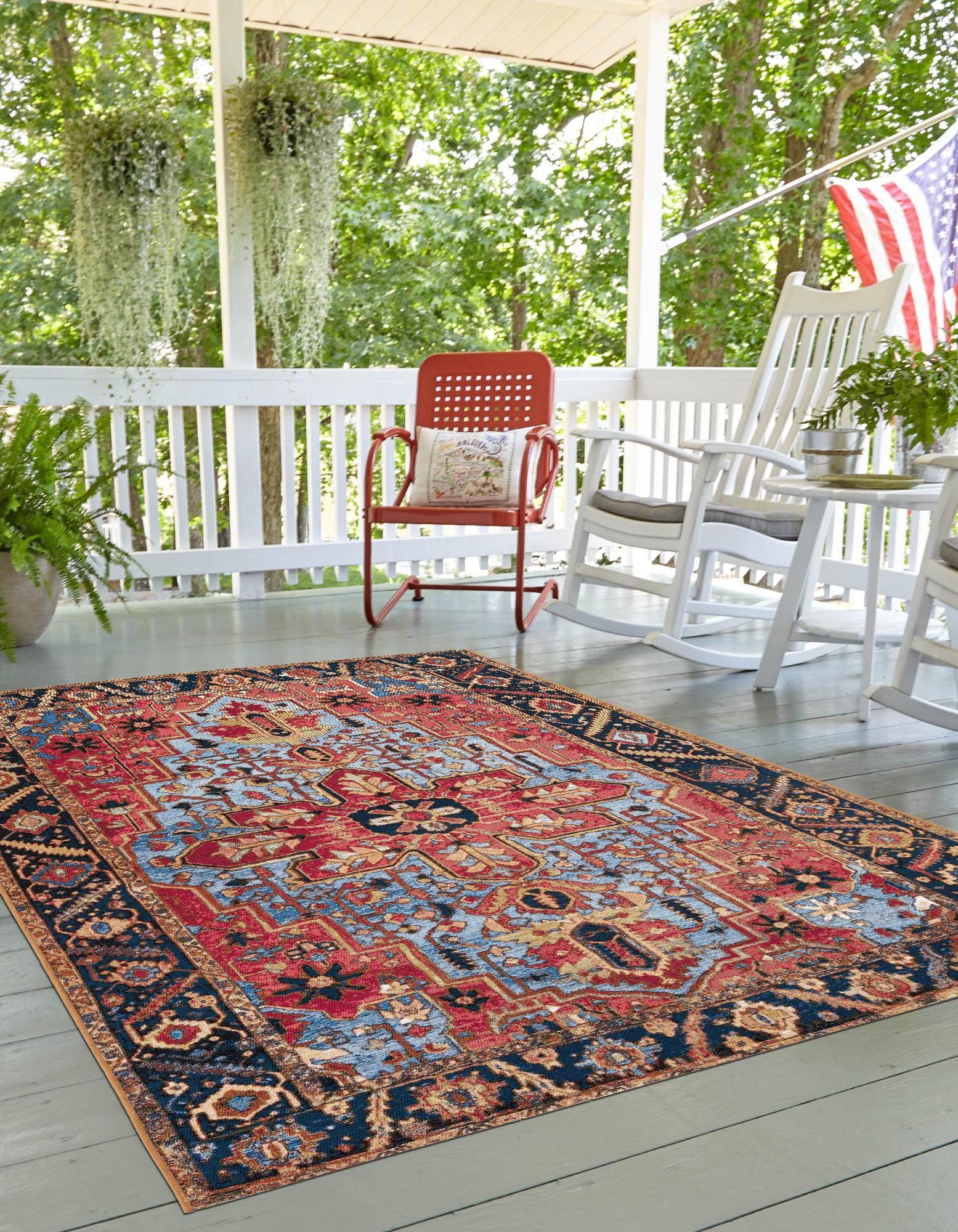 Rust Red and Blue 4' x 6' Traditional Indoor / Outdoor Rug | Rugs.com