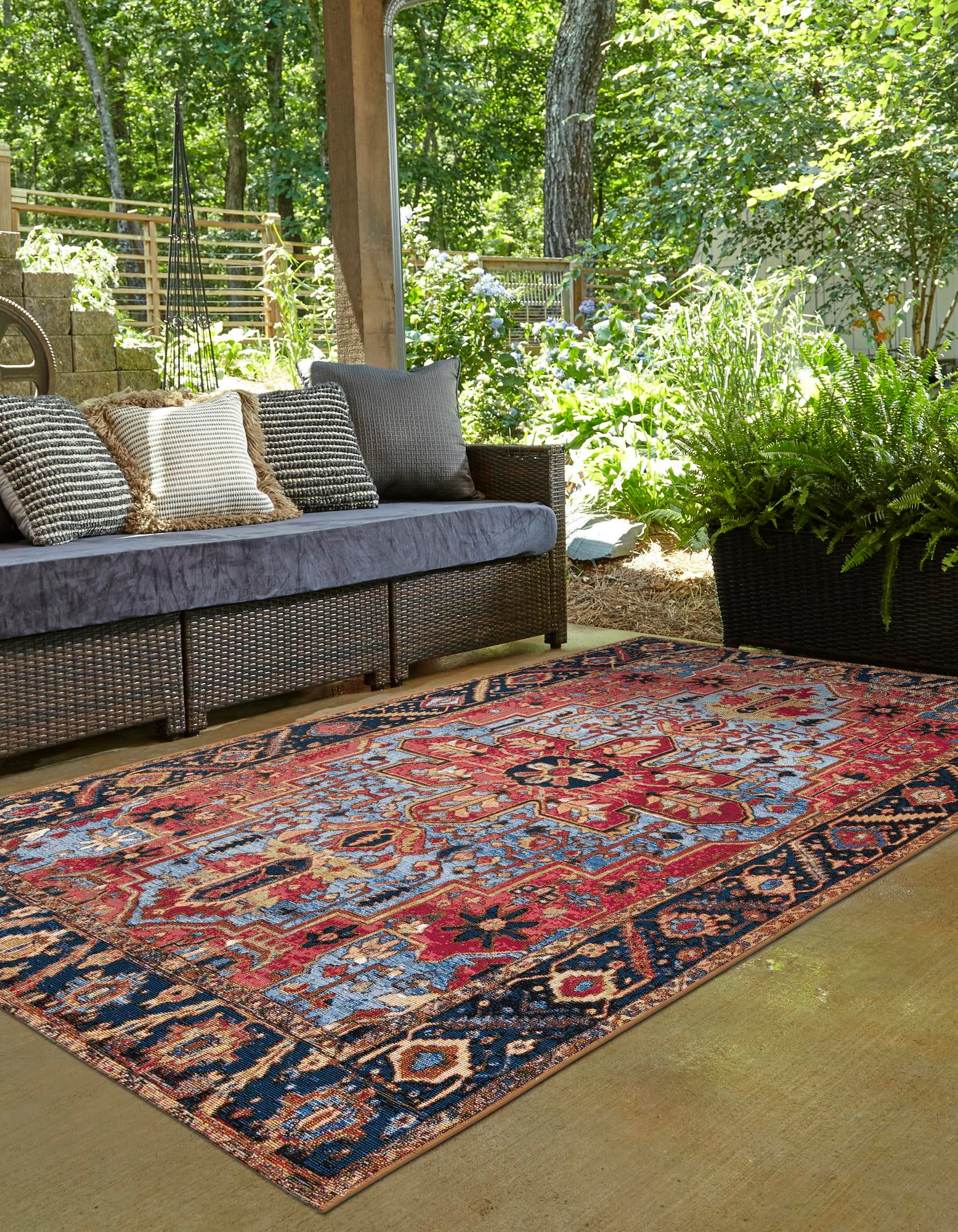 Rust Red and Blue 4' x 6' Traditional Indoor / Outdoor Rug | Rugs.com