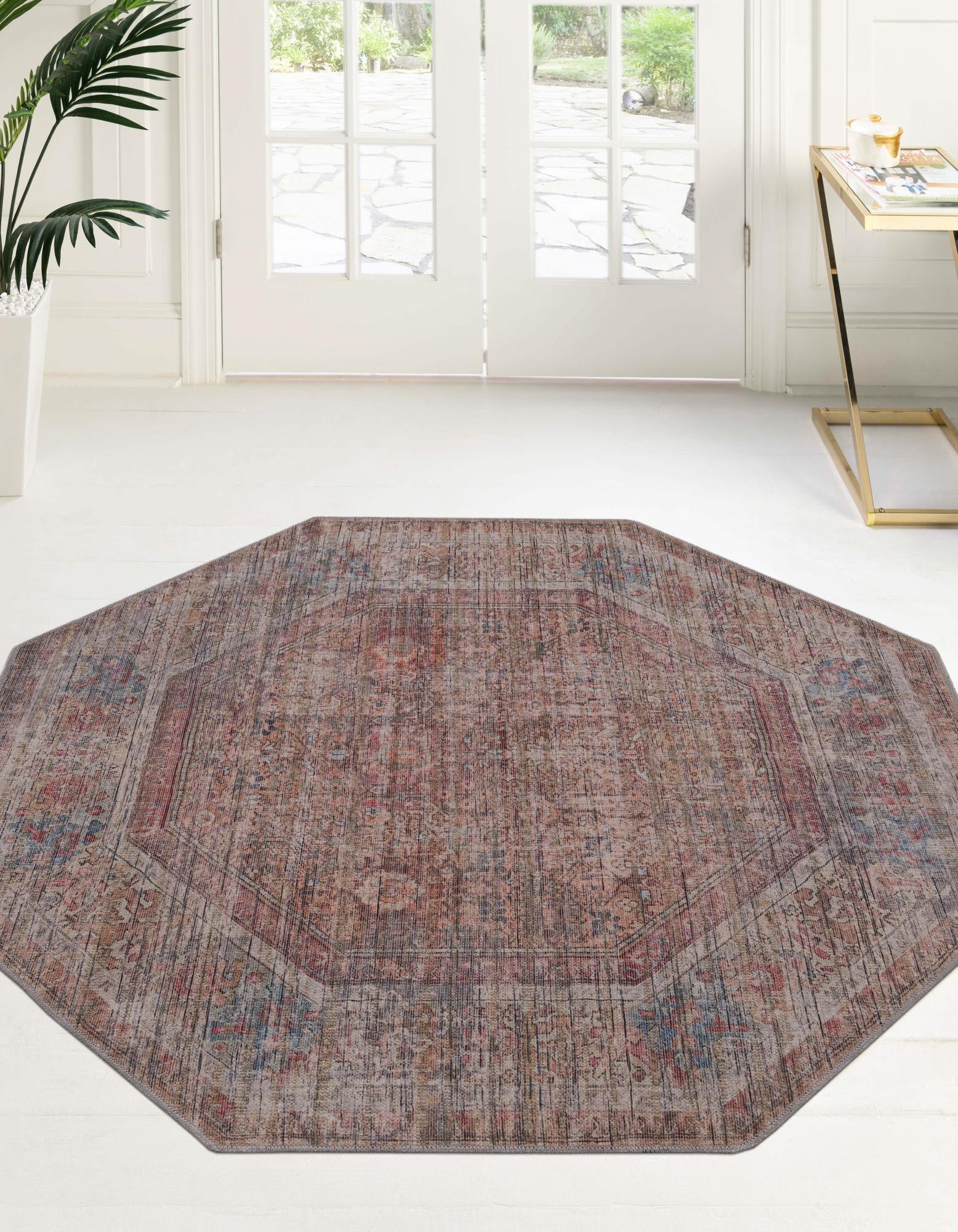 Rust Red and Brown 5' 3 x 5' 3 Washable Nostalgia Octagon Rug | Rugs.com