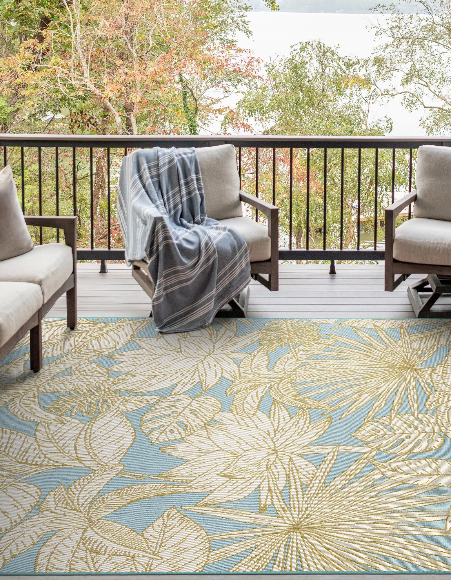 Soft Blue 5' x 7' Botanical Indoor / Outdoor Rug | Rugs.com