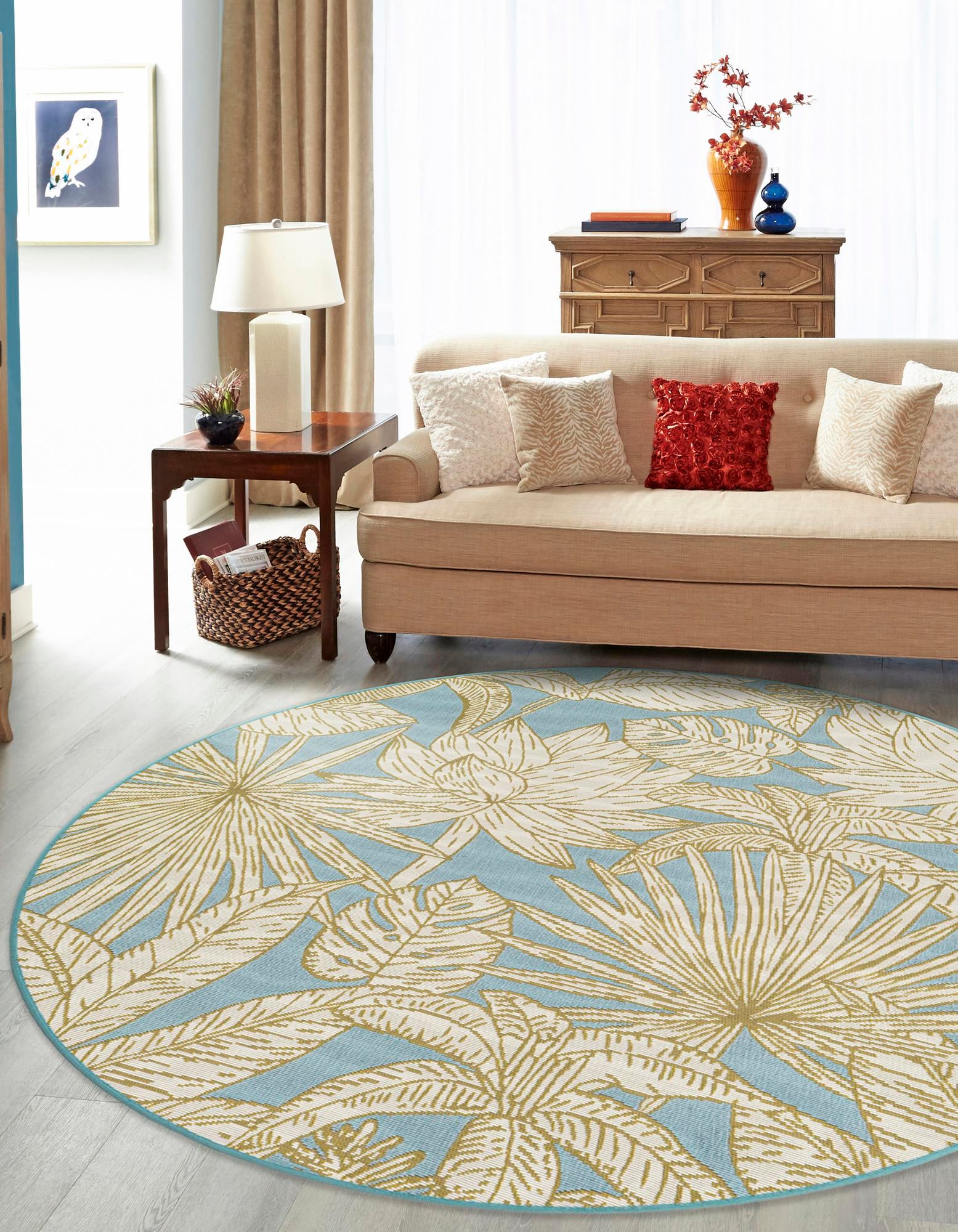 Soft Blue 10' x 10' Botanical Indoor / Outdoor Round Rug | Rugs.com