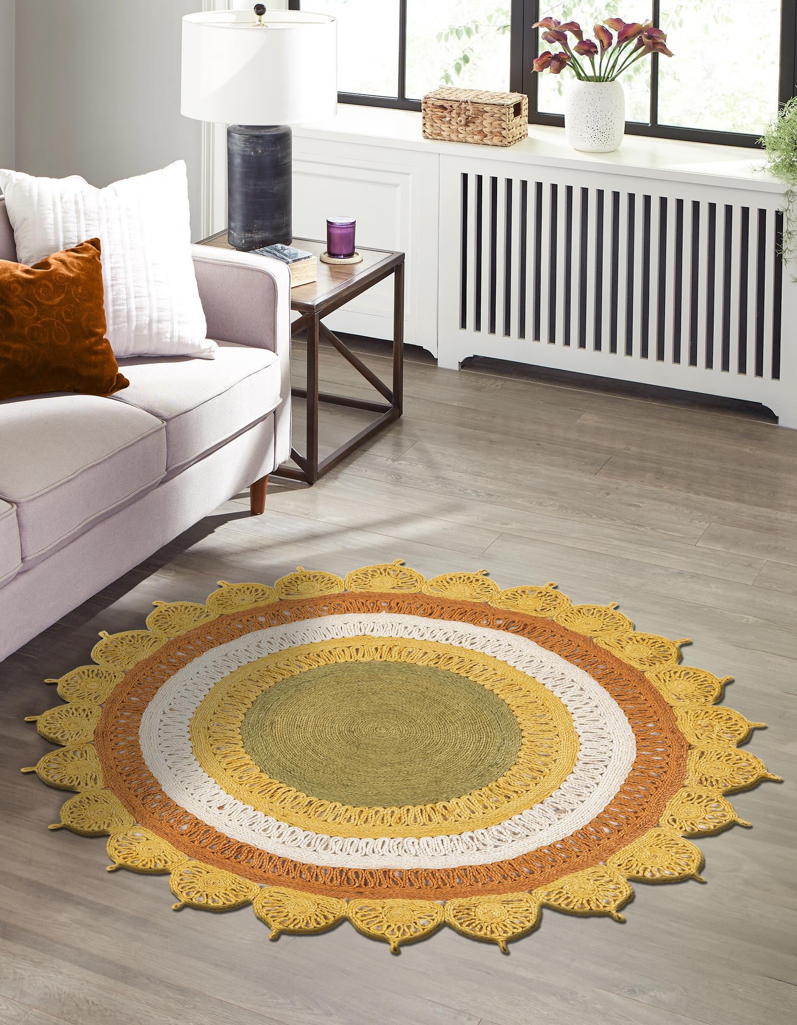 Sunflower Yellow 2' x 2' Hand Braided Jute Round Rug | Rugs.com