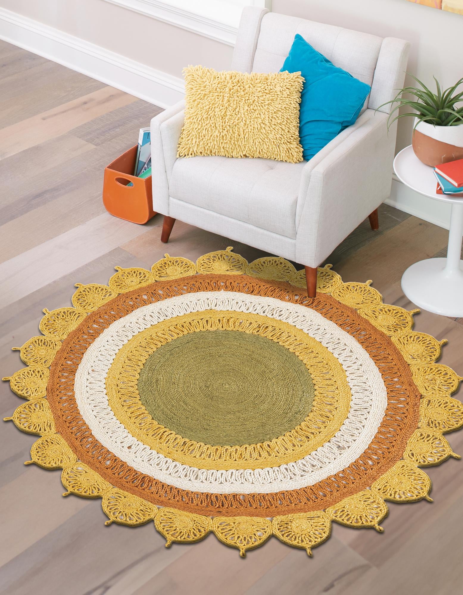 Sunflower Yellow 2' x 2' Hand Braided Jute Round Rug | Rugs.com