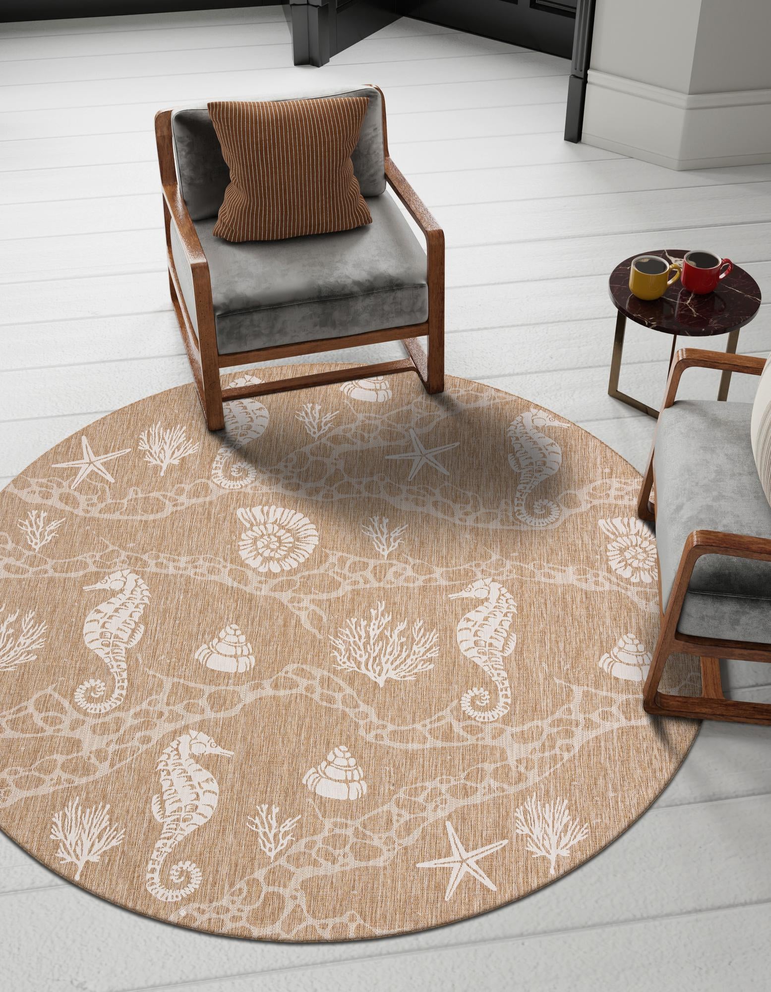Taupe 3' x 3' Coastal Indoor / Outdoor Round Rug | Rugs.com