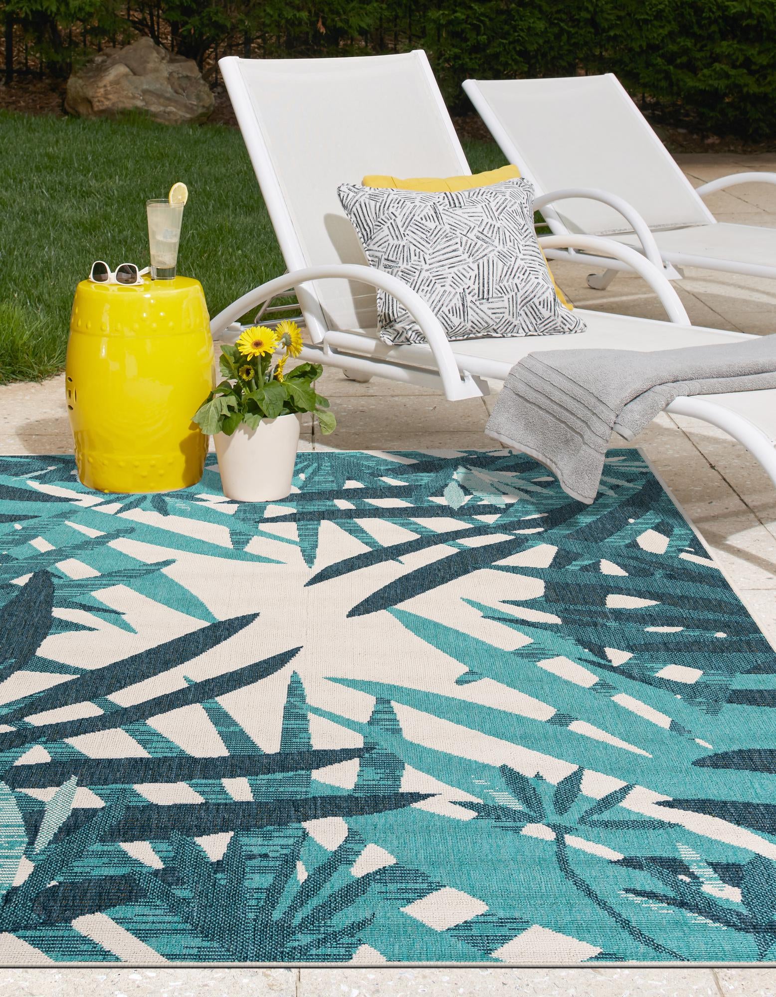 Teal blue 5' x 8' Botanical Indoor / Outdoor Rug | Rugs.com