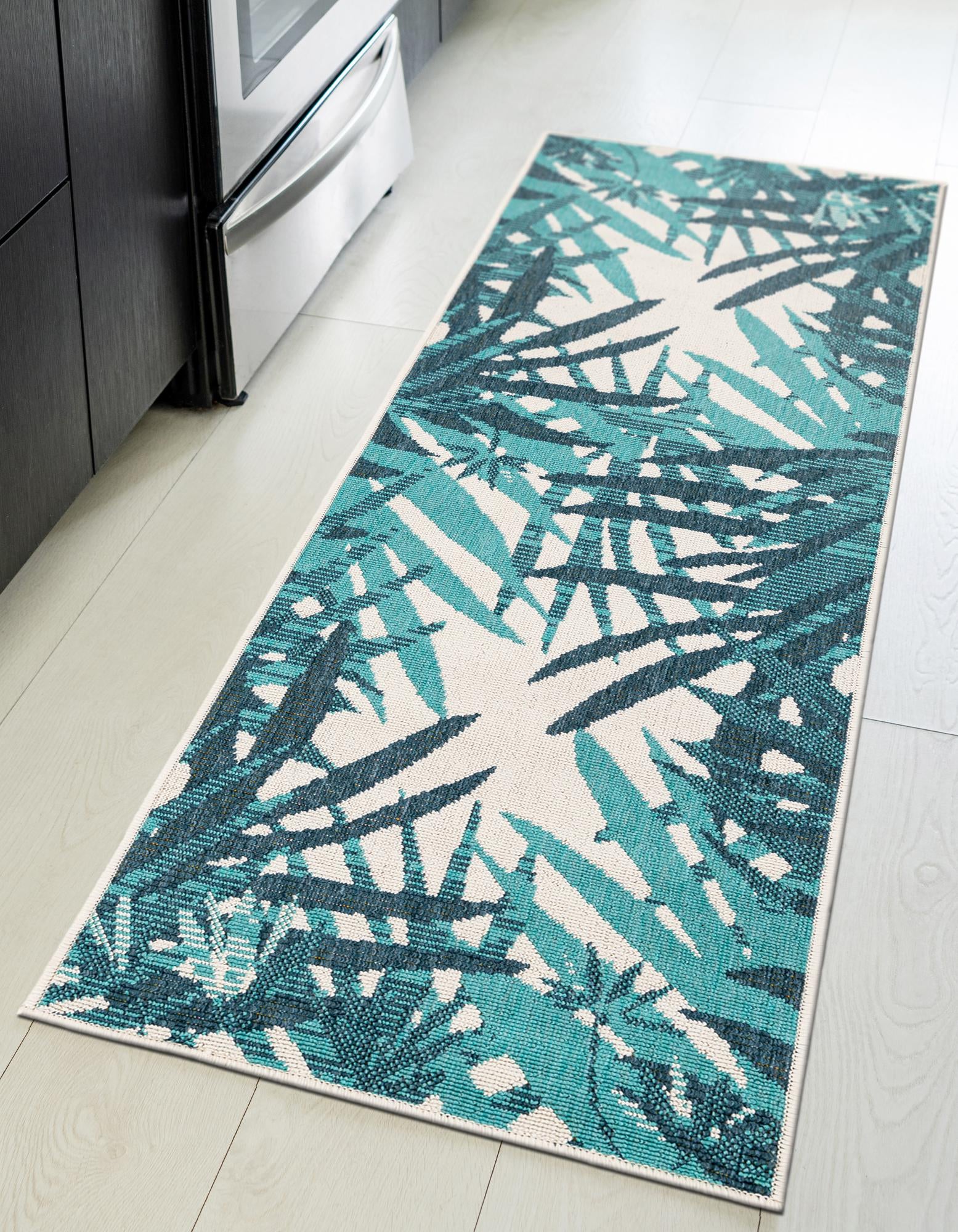 Teal blue 2' x 6' Botanical Indoor / Outdoor Runner Rug | Rugs.com
