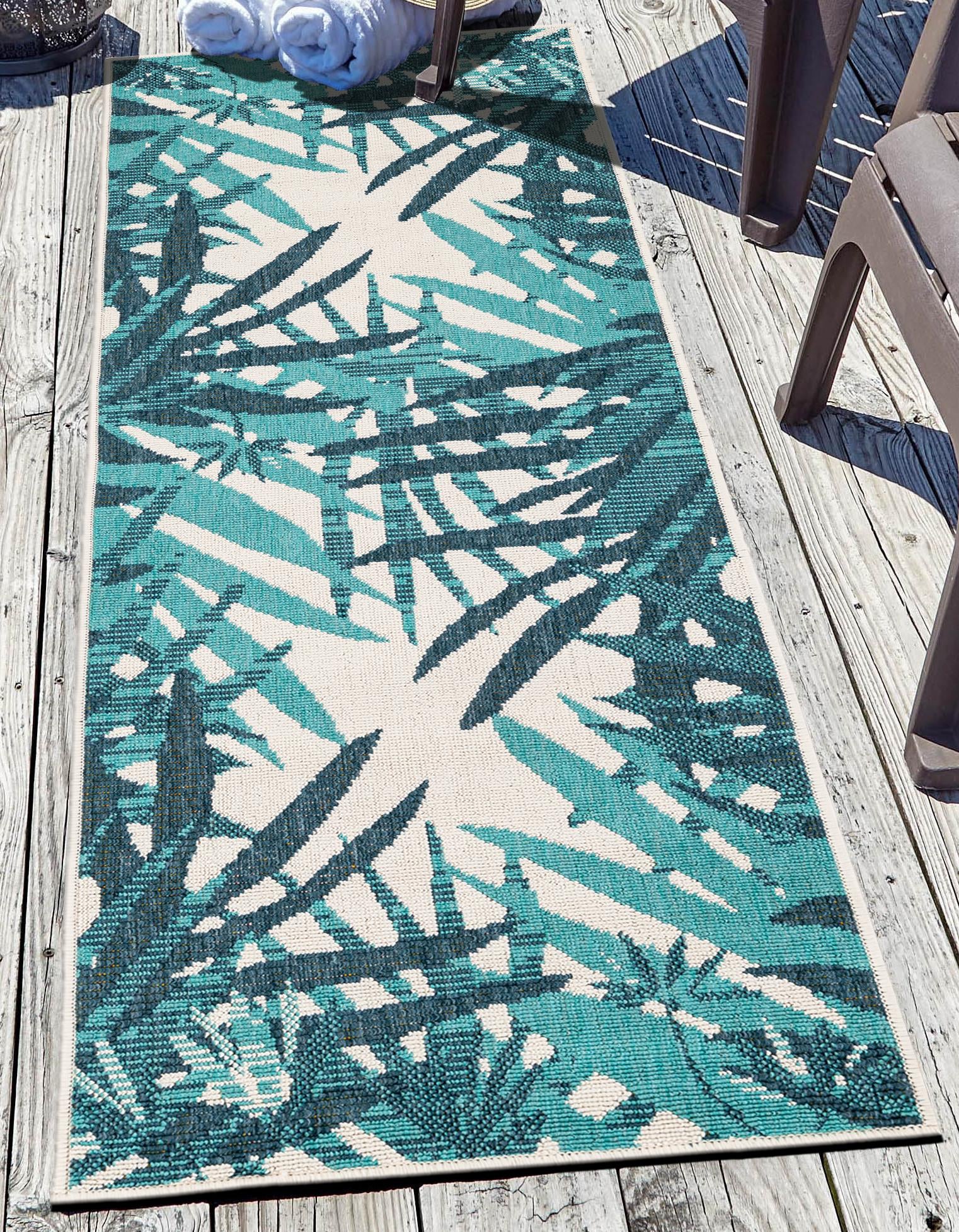 Teal blue 2' x 8' Botanical Indoor / Outdoor Runner Rug | Rugs.com
