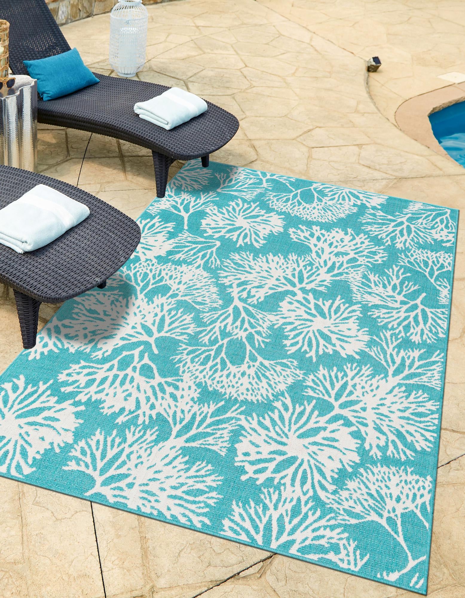 Teal 5' 3 x 8' Coastal Indoor / Outdoor Rug | Rugs.com