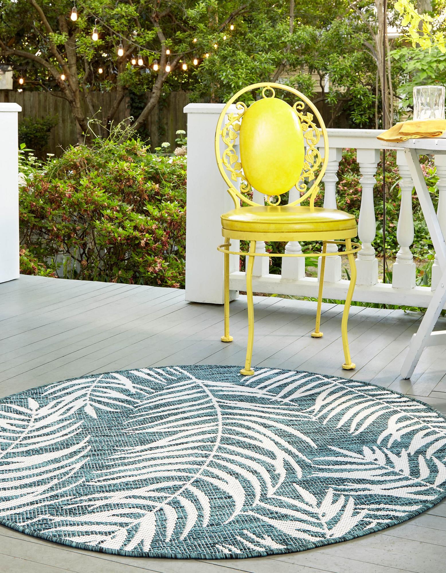 Teal 4' x 4' Botanical Indoor / Outdoor Round Rug | Rugs.com