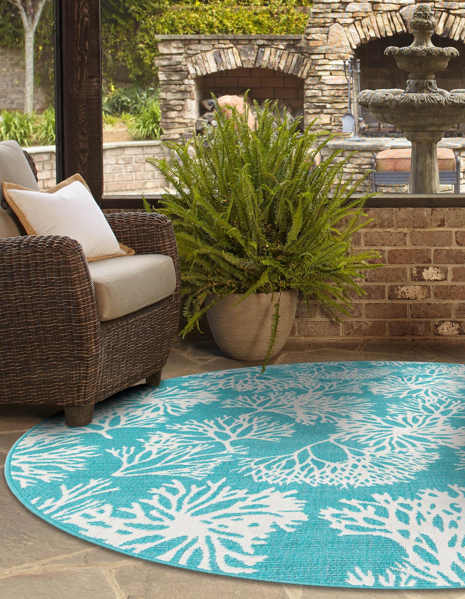 Teal 4' x 4' Coastal Indoor / Outdoor Round Rug | Rugs.com