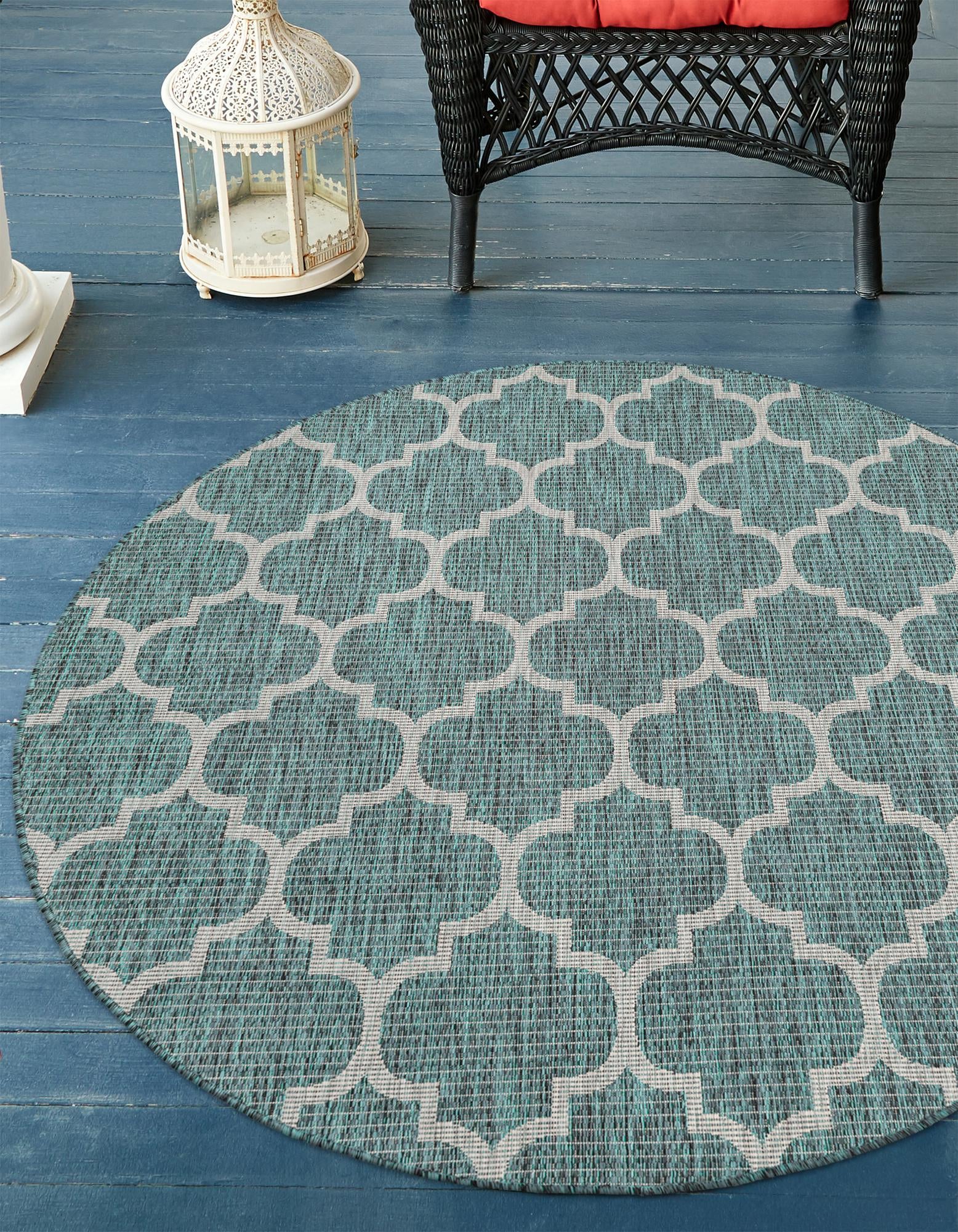 Teal 4' x 4' Lattice Indoor / Outdoor Round Rug | Rugs.com