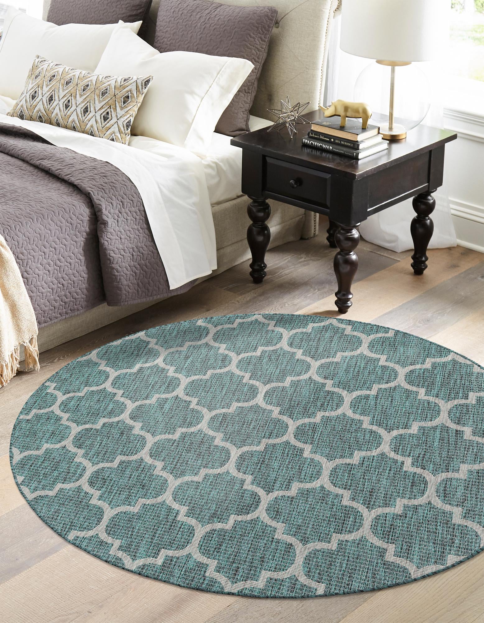 Teal 4' x 4' Lattice Indoor / Outdoor Round Rug | Rugs.com
