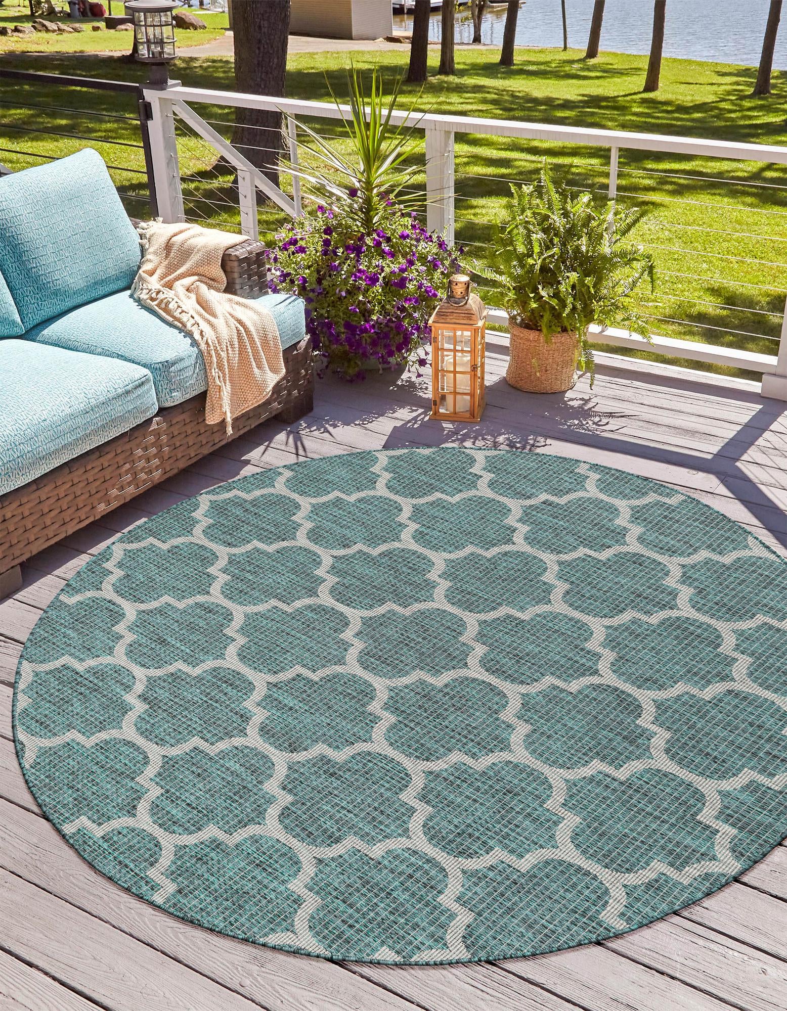 Teal 4' x 4' Lattice Indoor / Outdoor Round Rug | Rugs.com