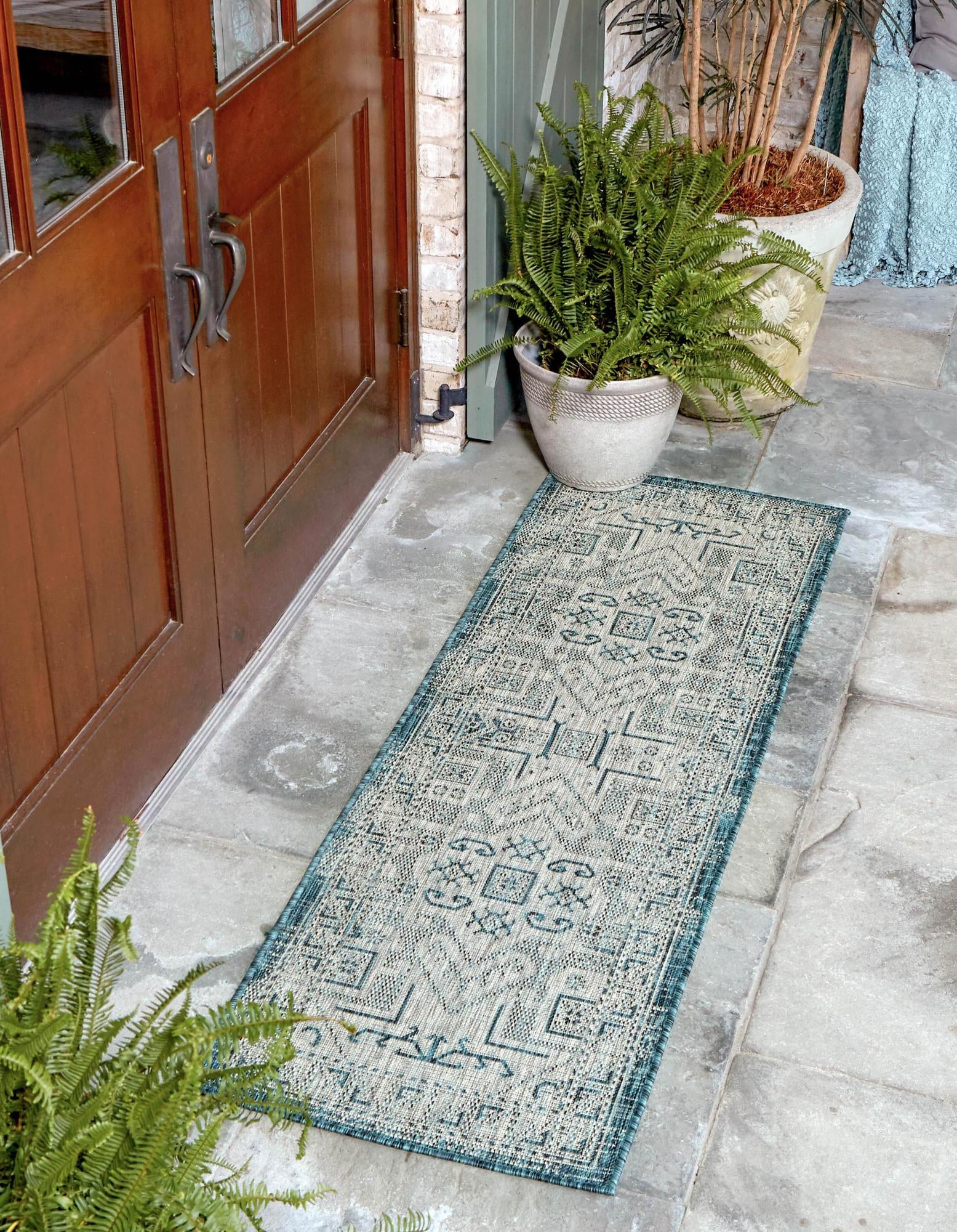 Teal 2' x 8' Aztec Indoor / Outdoor Runner Rug | Rugs.com