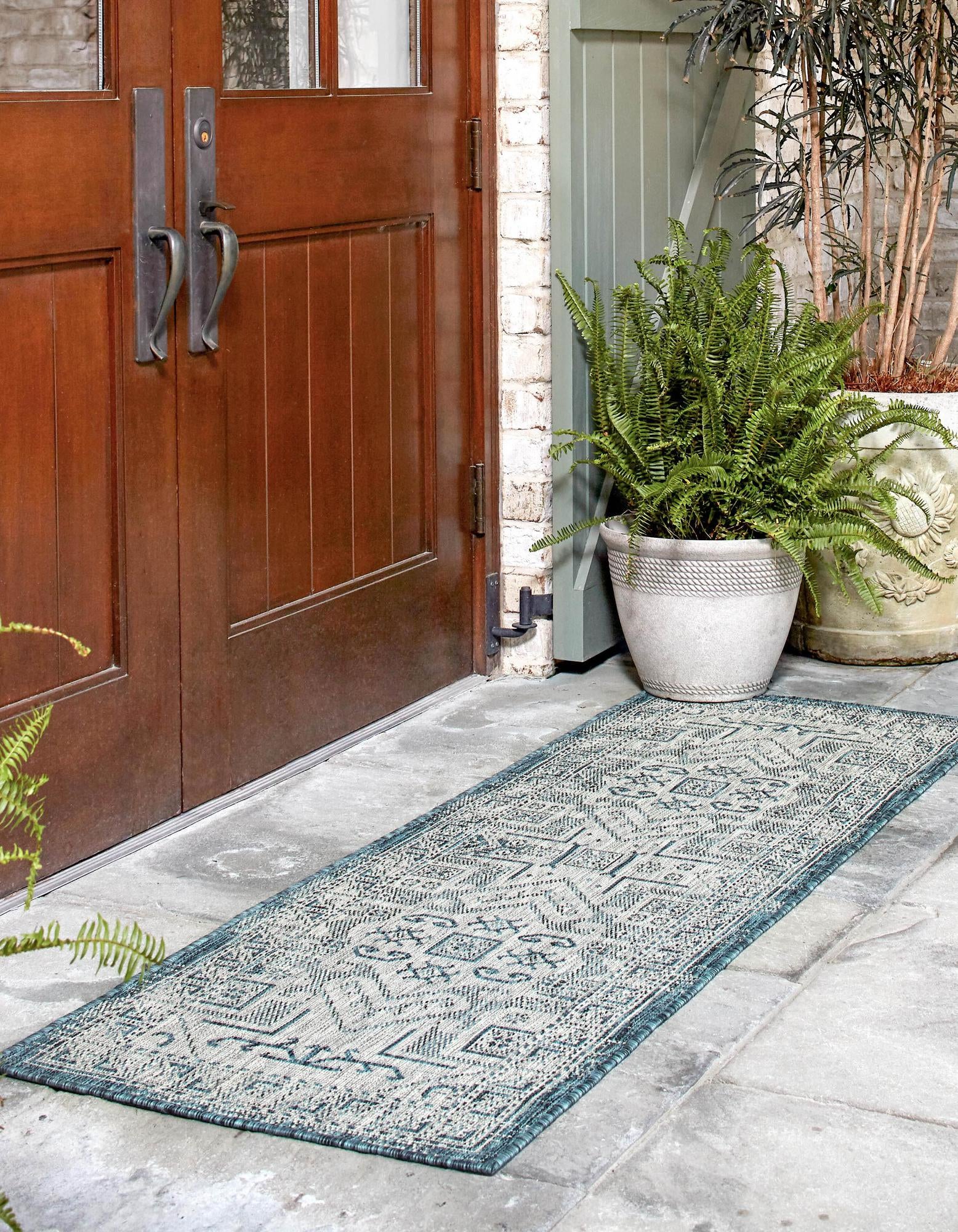 Teal 2' x 8' Aztec Indoor / Outdoor Runner Rug | Rugs.com