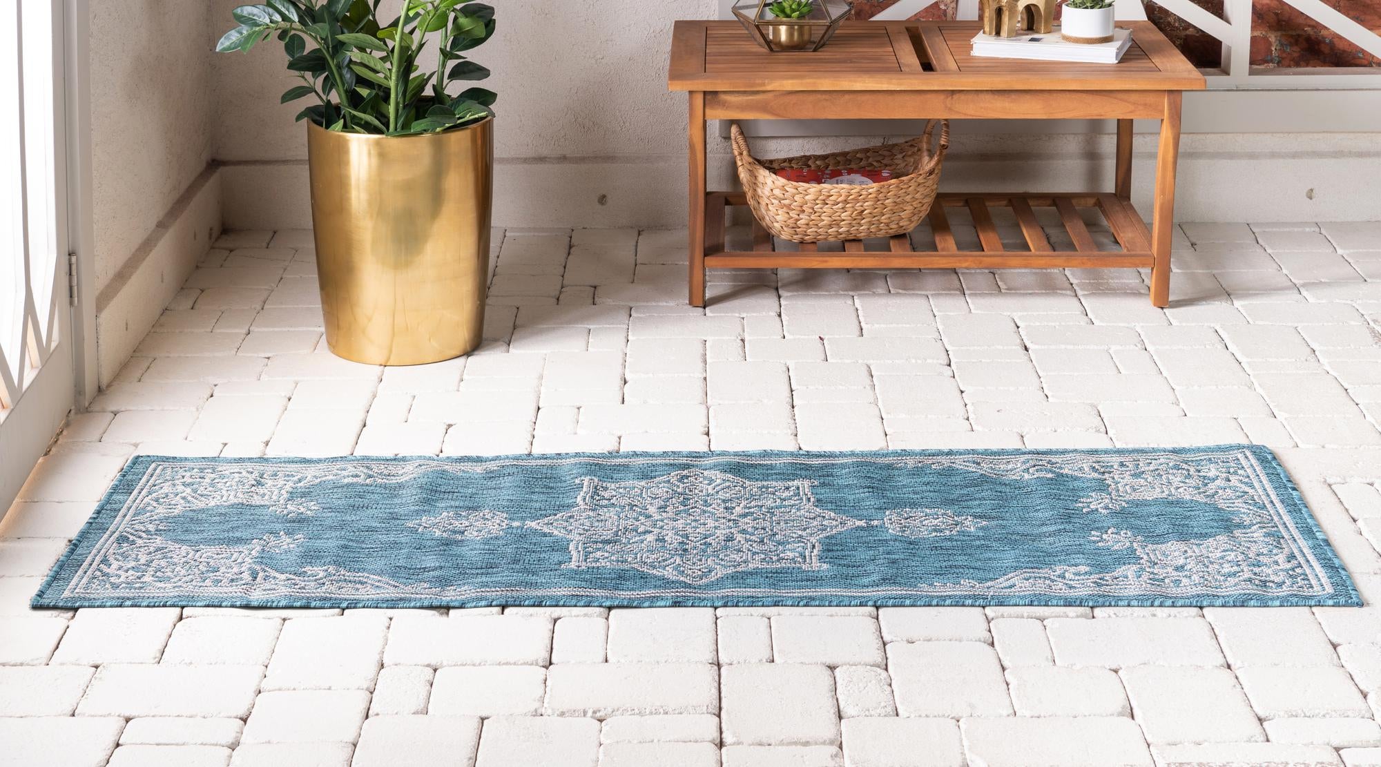 Teal 2' x 8' Traditional Indoor / Outdoor Runner Rug | Rugs.com