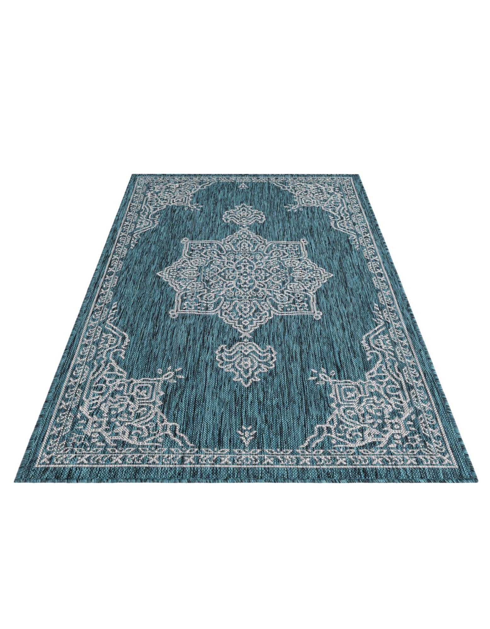 Teal 3' x 6' Traditional Indoor / Outdoor Runner Rug | Rugs.com