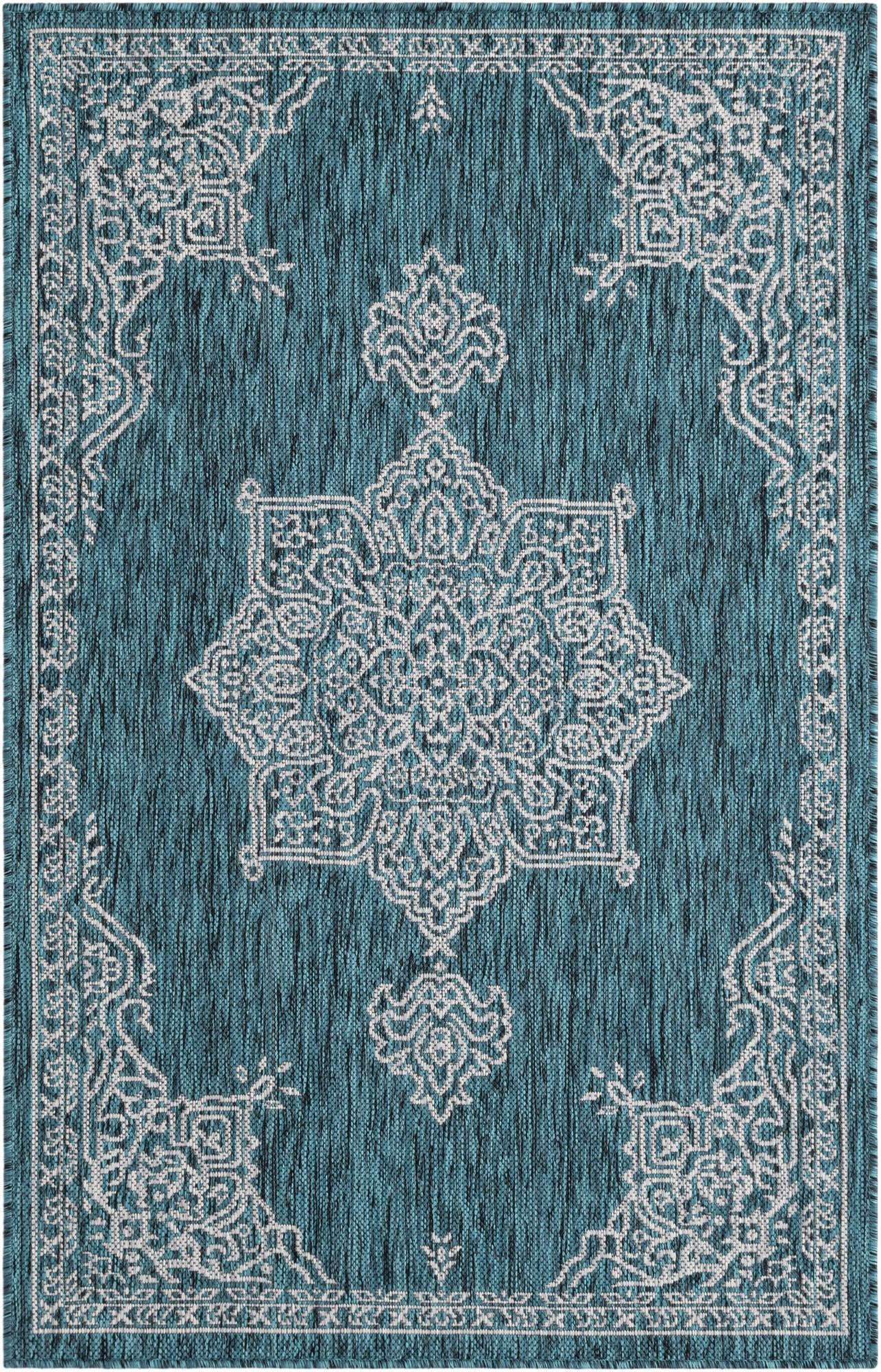 Teal 3' x 6' Traditional Indoor / Outdoor Runner Rug | Rugs.com