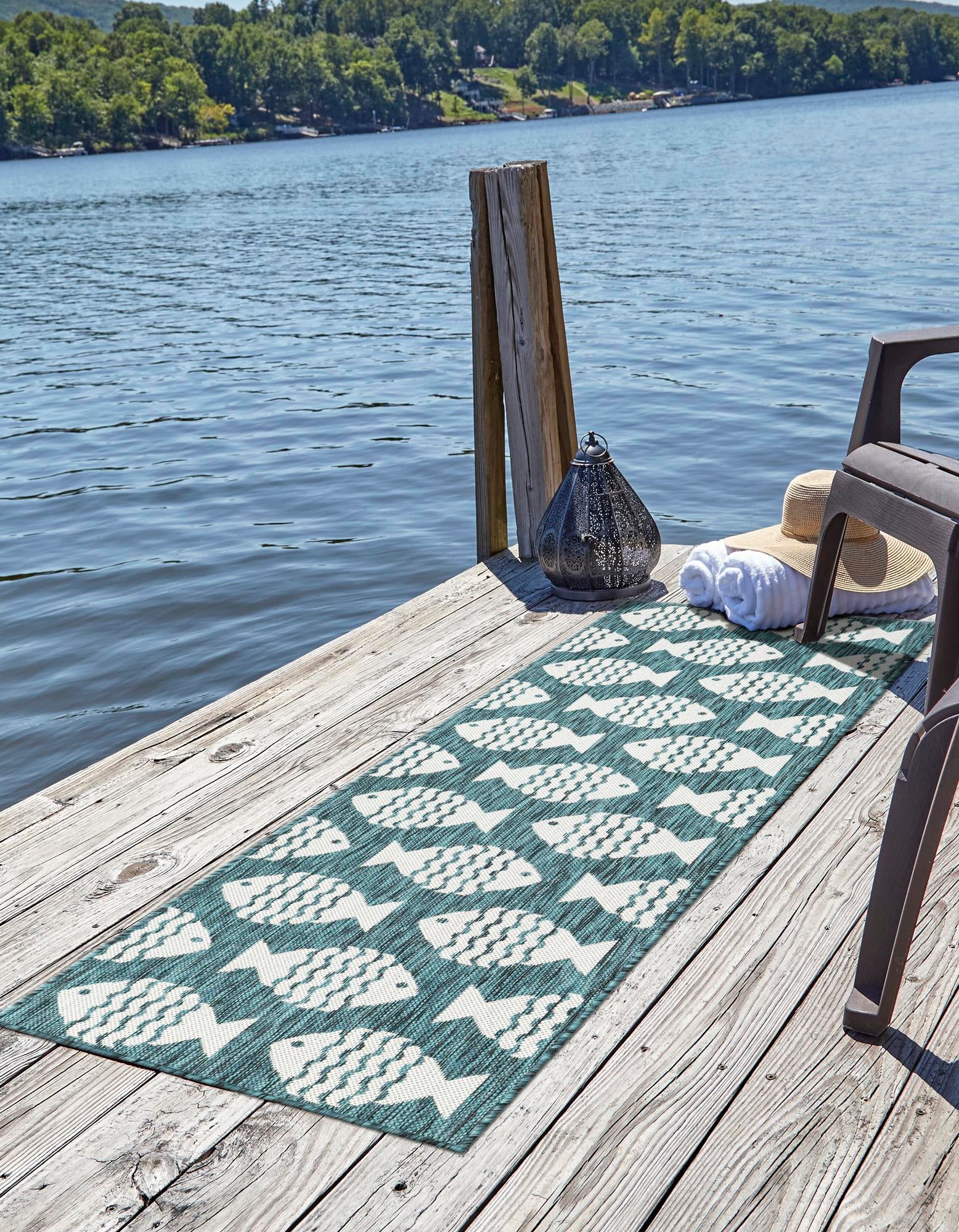 Turquoise 2' x 8' Coastal Indoor / Outdoor Runner Rug | Rugs.com