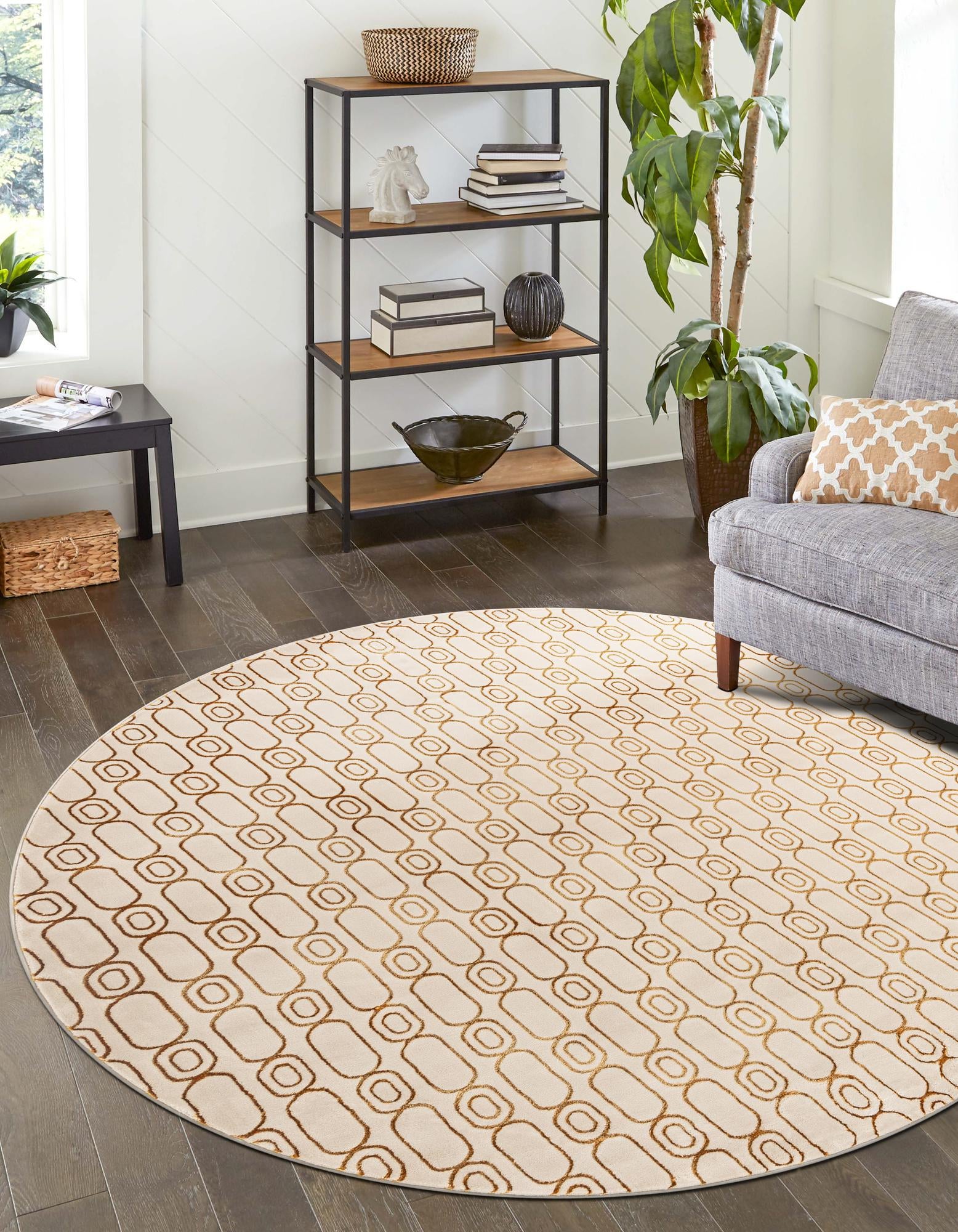 White and Gold 7' 10 x 7' 10 Vogue Geo Round Rug | Rugs.com