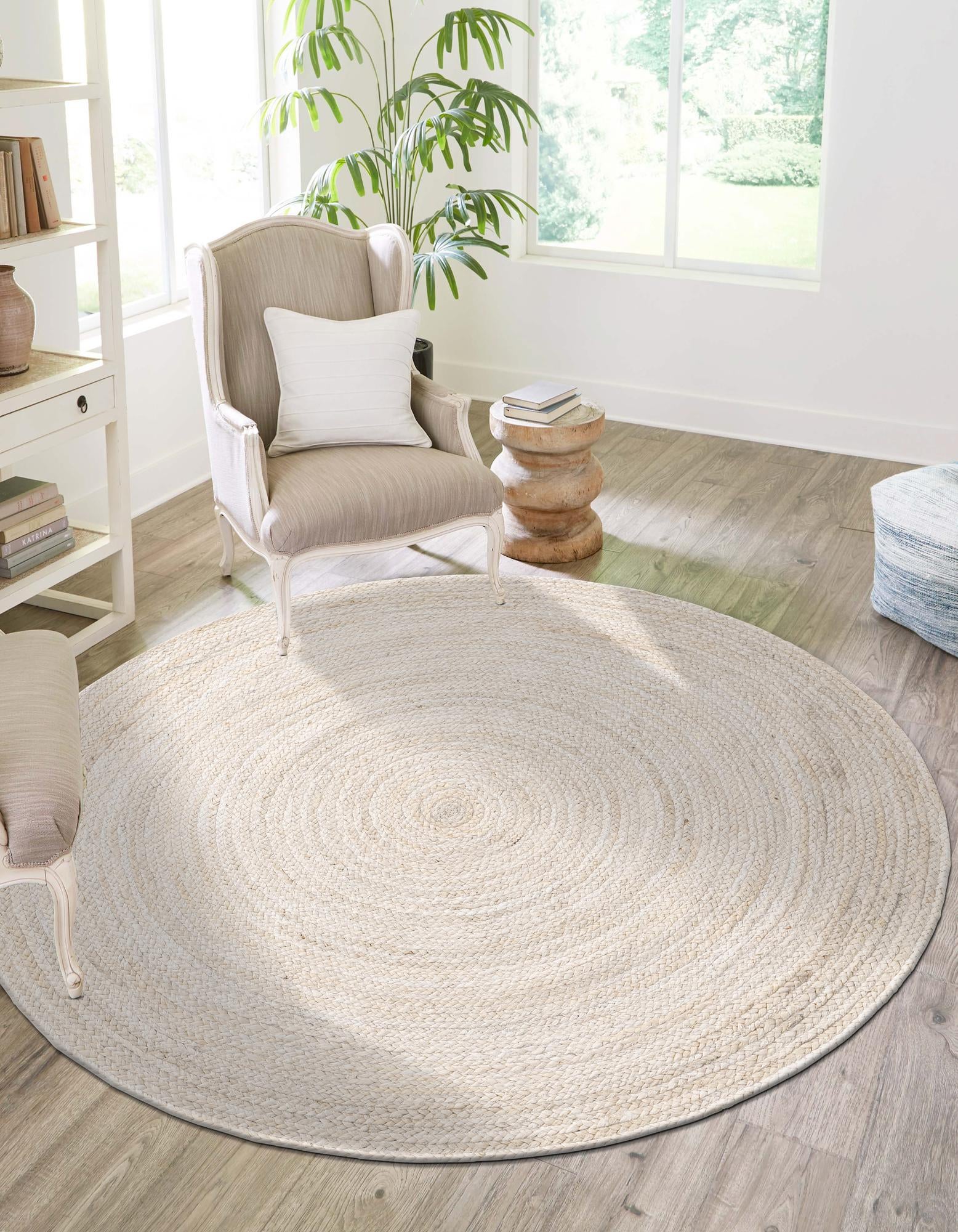 White 8' x 8' Hand Braided Jute Round Rug | Rugs.com