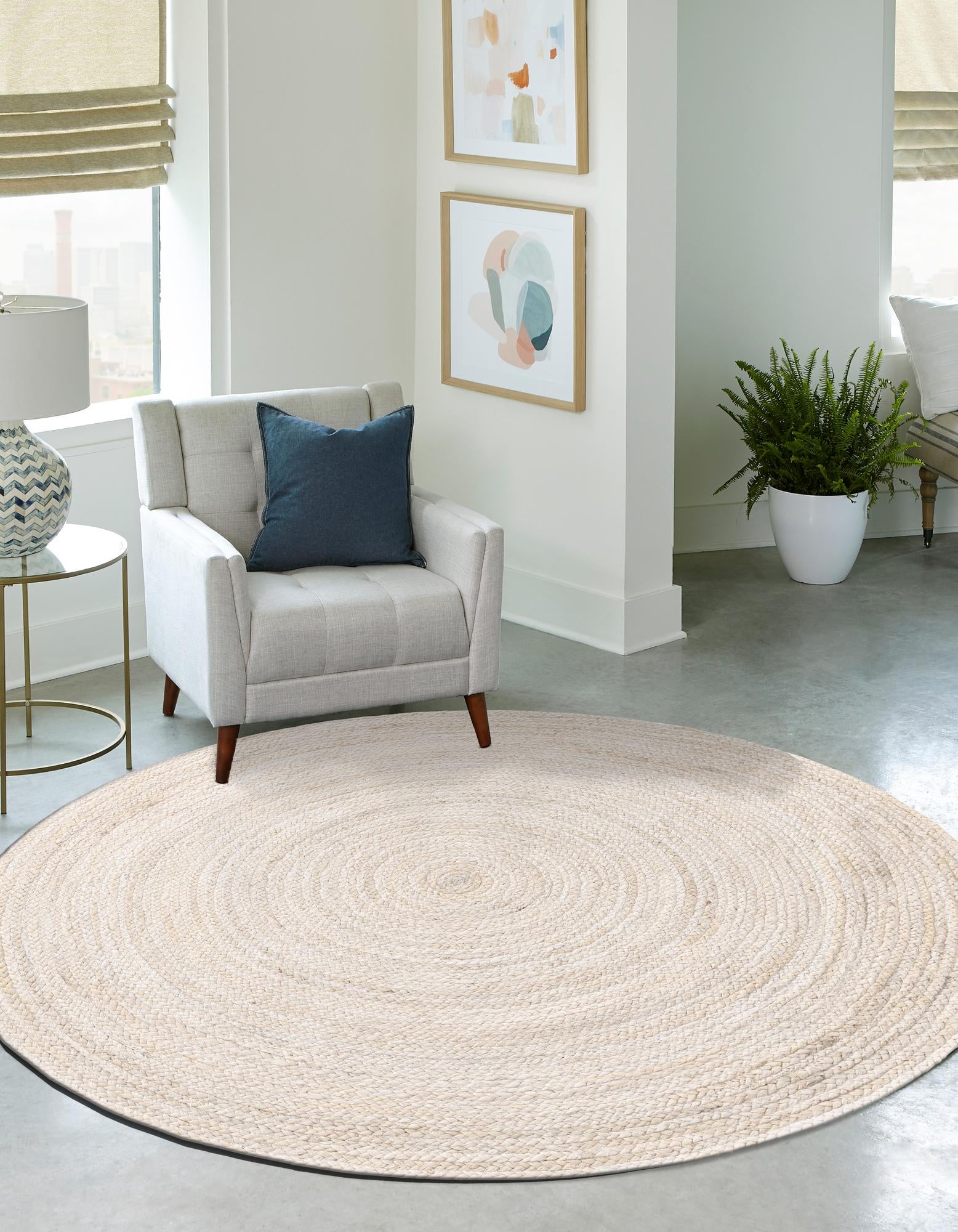 White 8' x 8' Hand Braided Jute Round Rug | Rugs.com