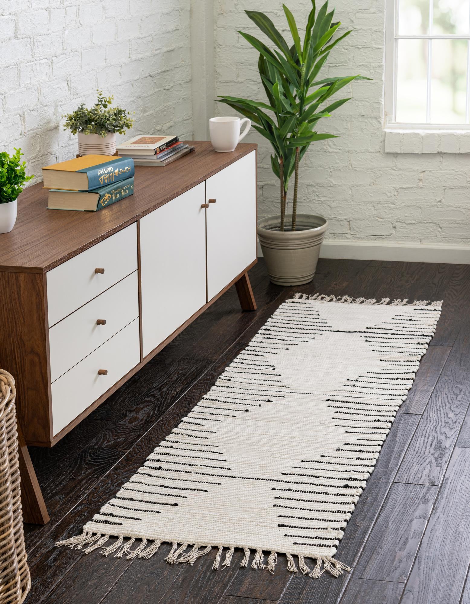 White 2' x 8' Hand Woven Chindi Cotton Runner Rug | Rugs.com