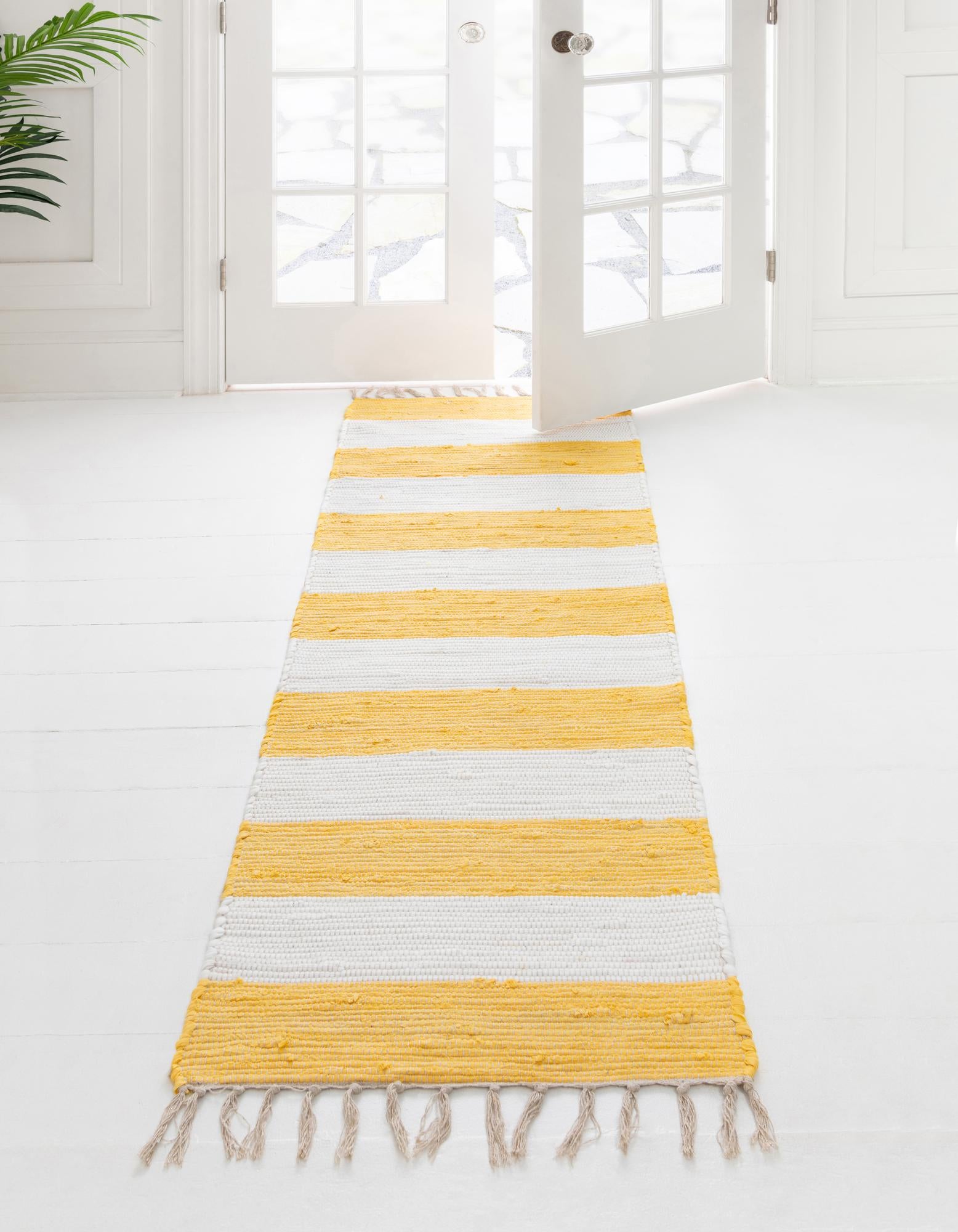 Yellow and Ivory 2' 2 x 6' 1 Hand Woven Chindi Rag Runner Rug | Rugs.com