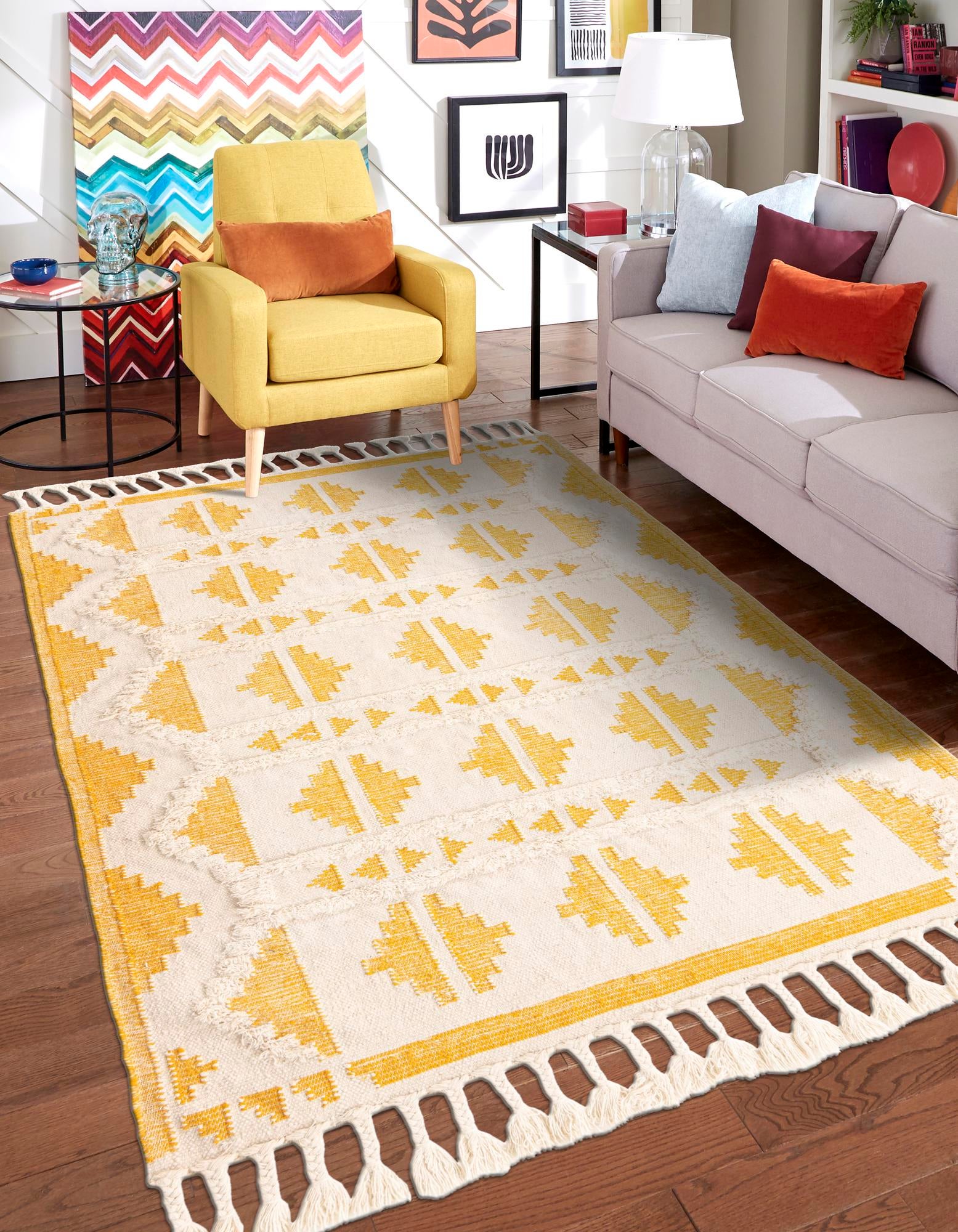 Yellow and White 10' x 14' 1 Hand Woven Arizona Wool Rug | Rugs.com