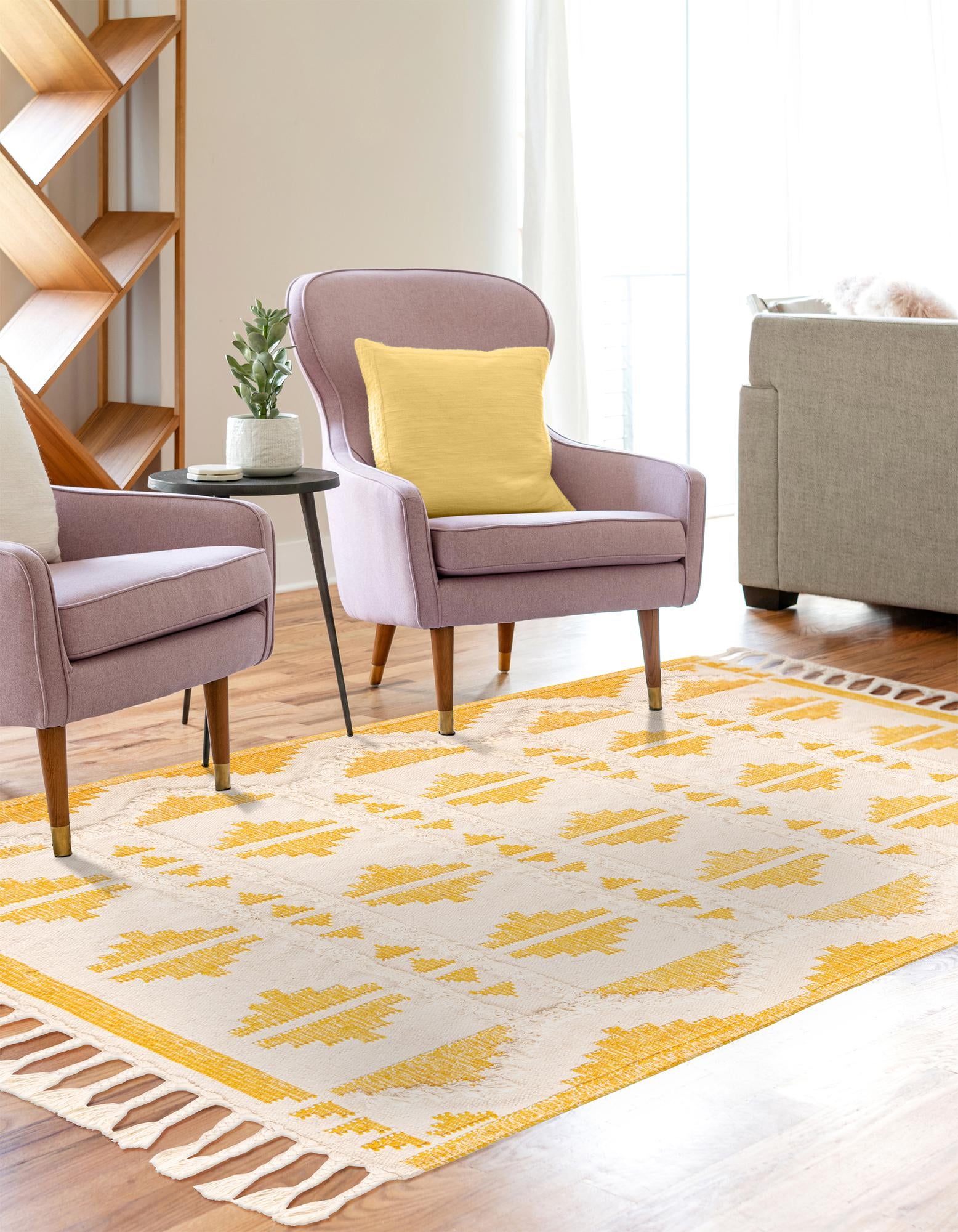 Yellow and White 10' x 14' 1 Hand Woven Arizona Wool Rug | Rugs.com