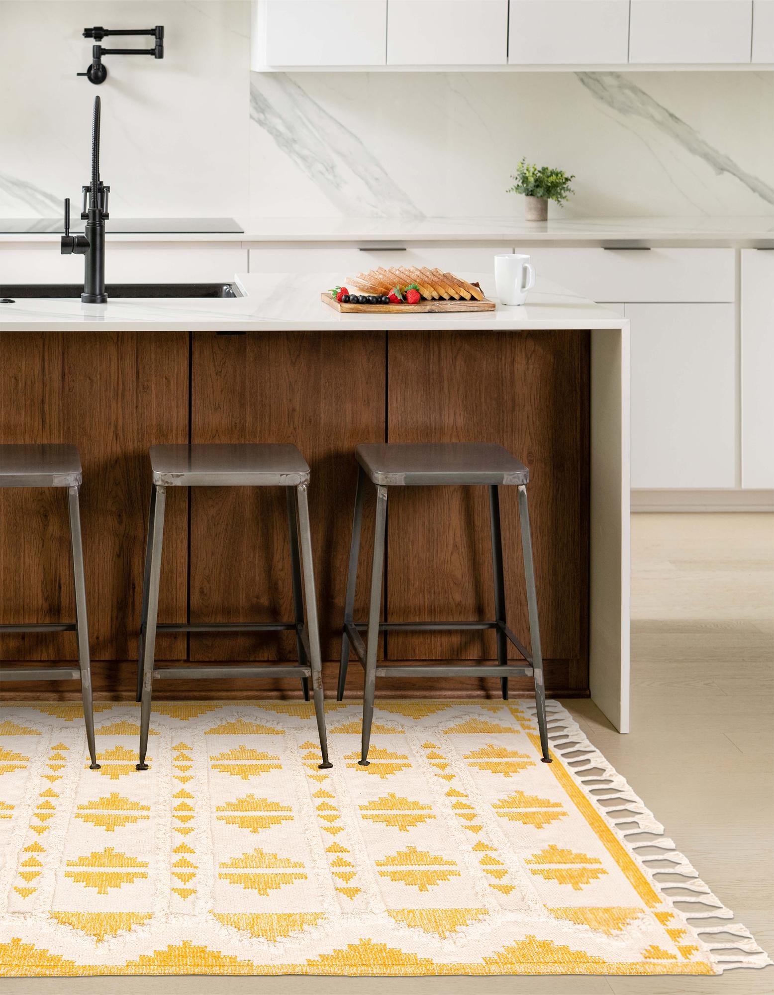 Yellow and White 10' x 14' 1 Hand Woven Arizona Wool Rug | Rugs.com