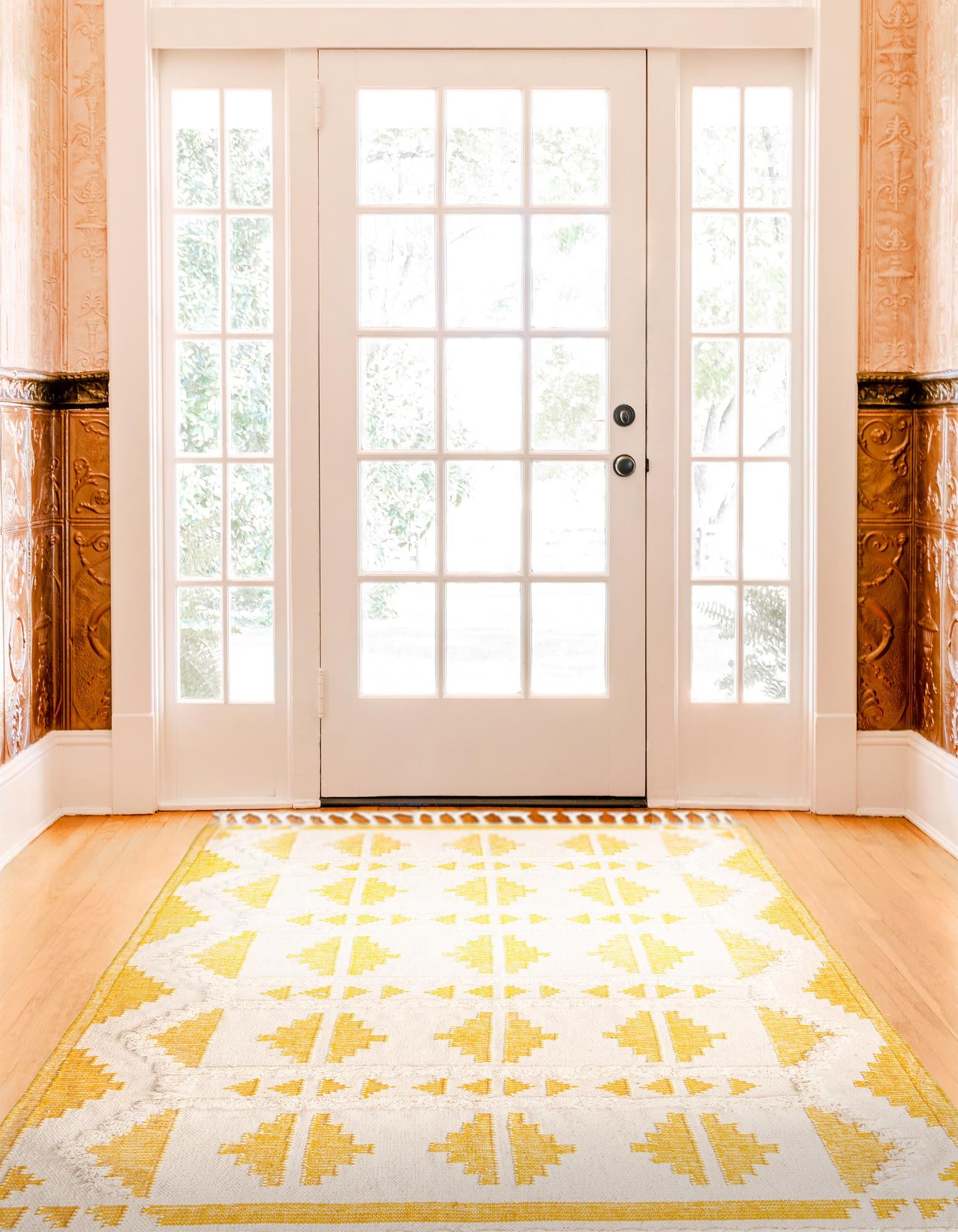 Yellow and White 10' x 14' 1 Hand Woven Arizona Wool Rug | Rugs.com