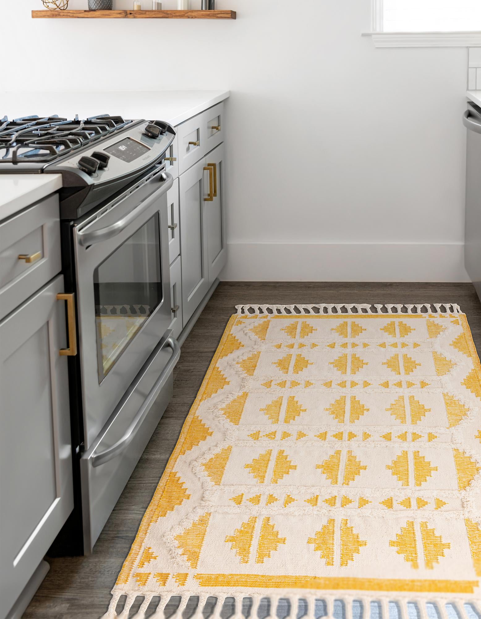 Yellow and White 10' x 14' 1 Hand Woven Arizona Wool Rug | Rugs.com