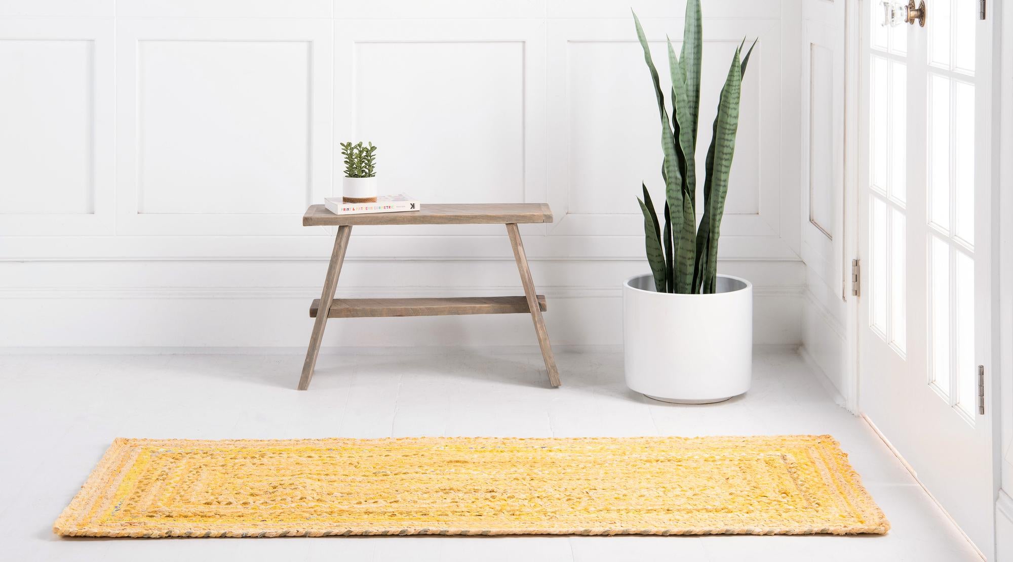 Yellow Orange 2' 7 x 6' 1 Hand Braided Chindi Runner Rug | Rugs.com