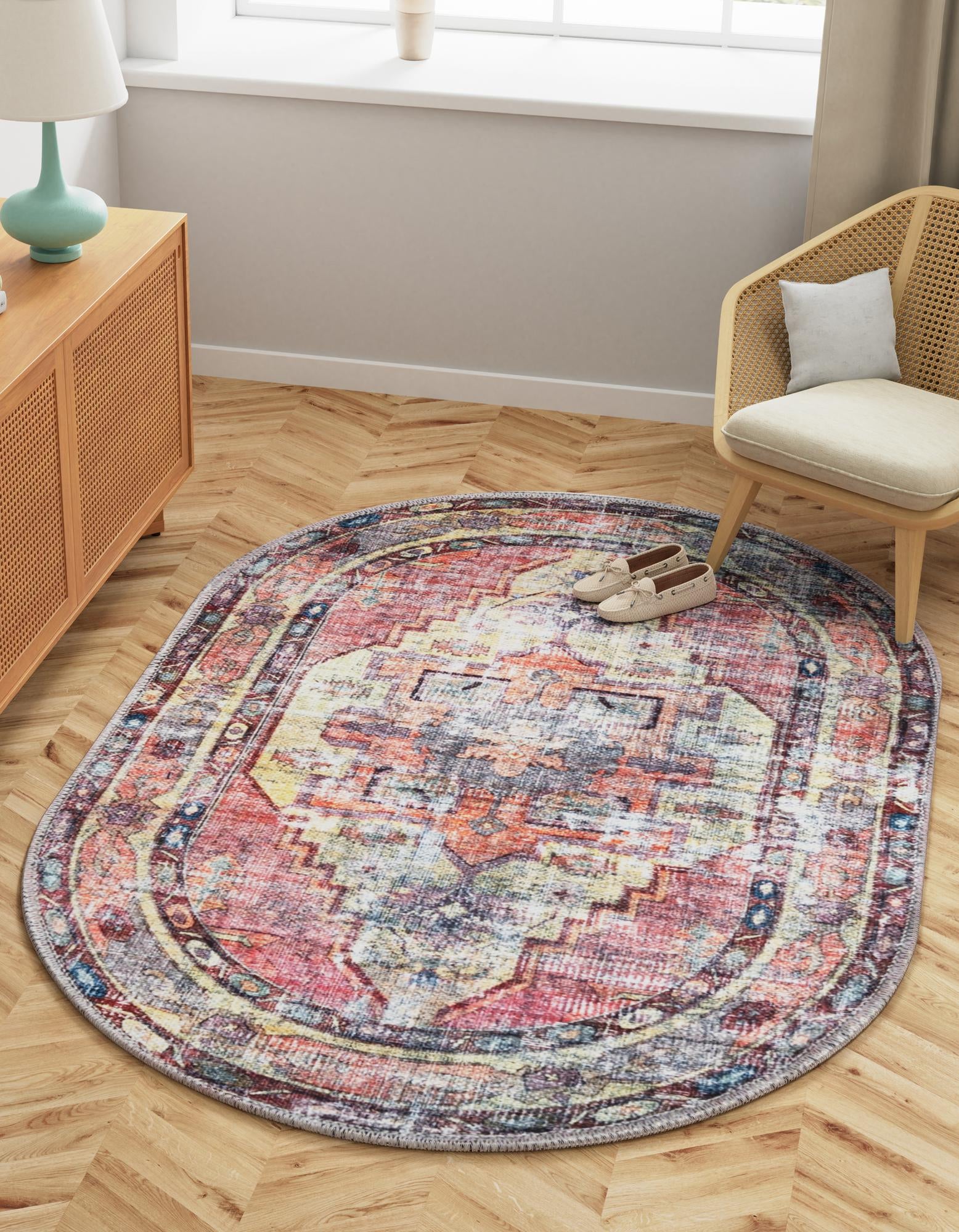 Yellow Pink 2' x 3' Washable Maahru Oval Rug | Rugs.com