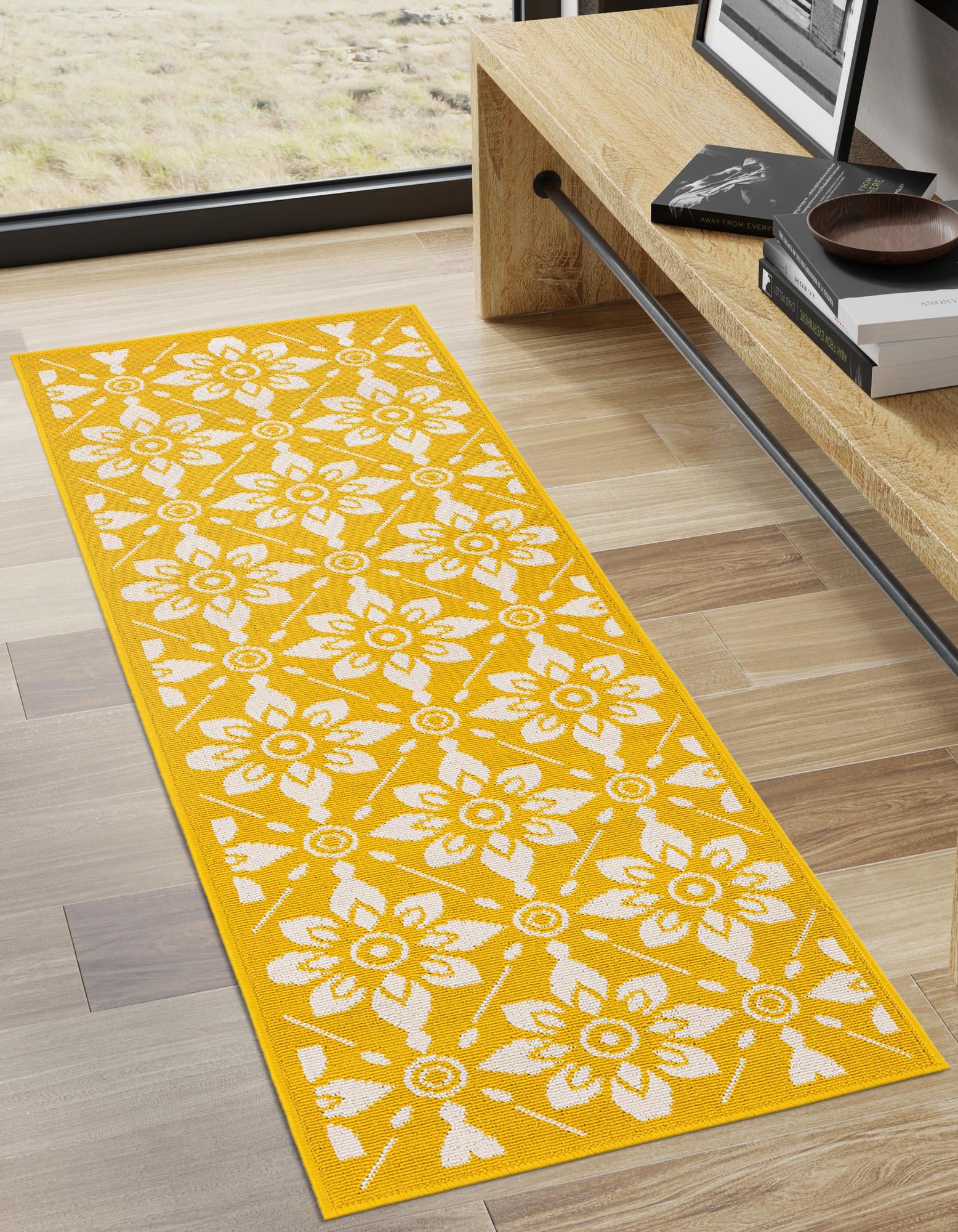 Yellow 2' x 6' Lattice Indoor / Outdoor Runner Rug | Rugs.com